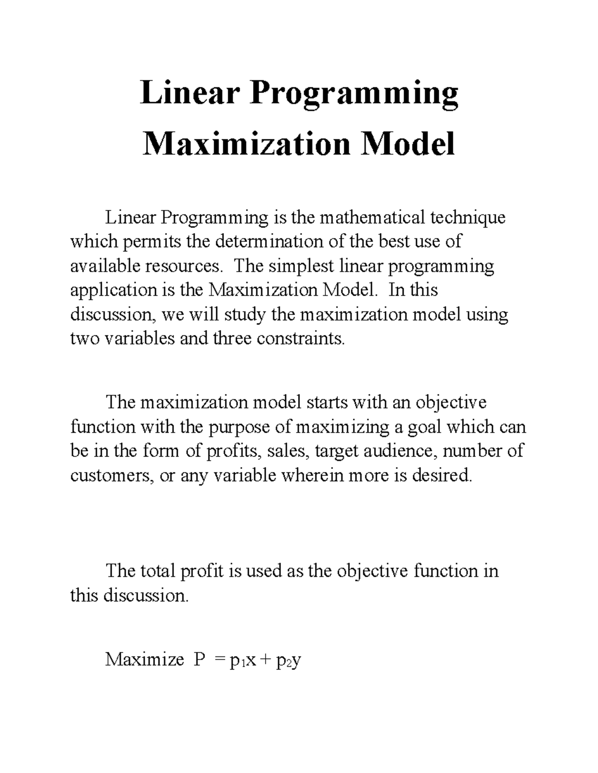 Linear Programming Maximization Model Lecture Notes Linear