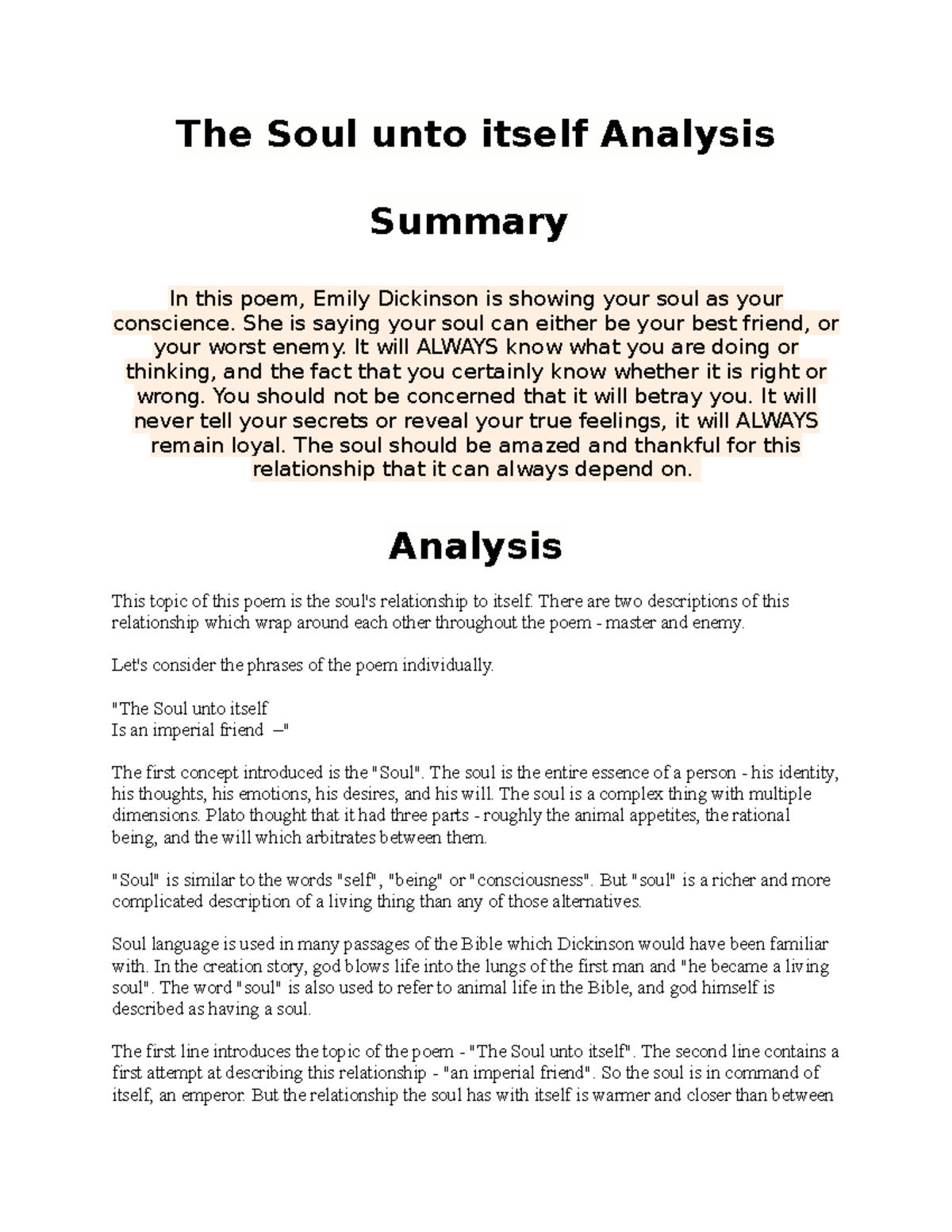 Analysis of Emily Dickinson's Poem "The Soul unto Itself" (ENG 101 ...