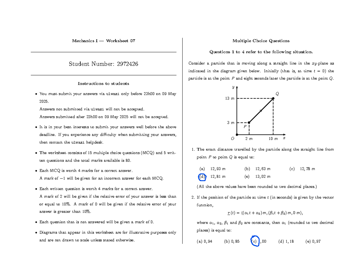 Mechanics I Worksheet 07: MCQs and Written Questions - Studocu