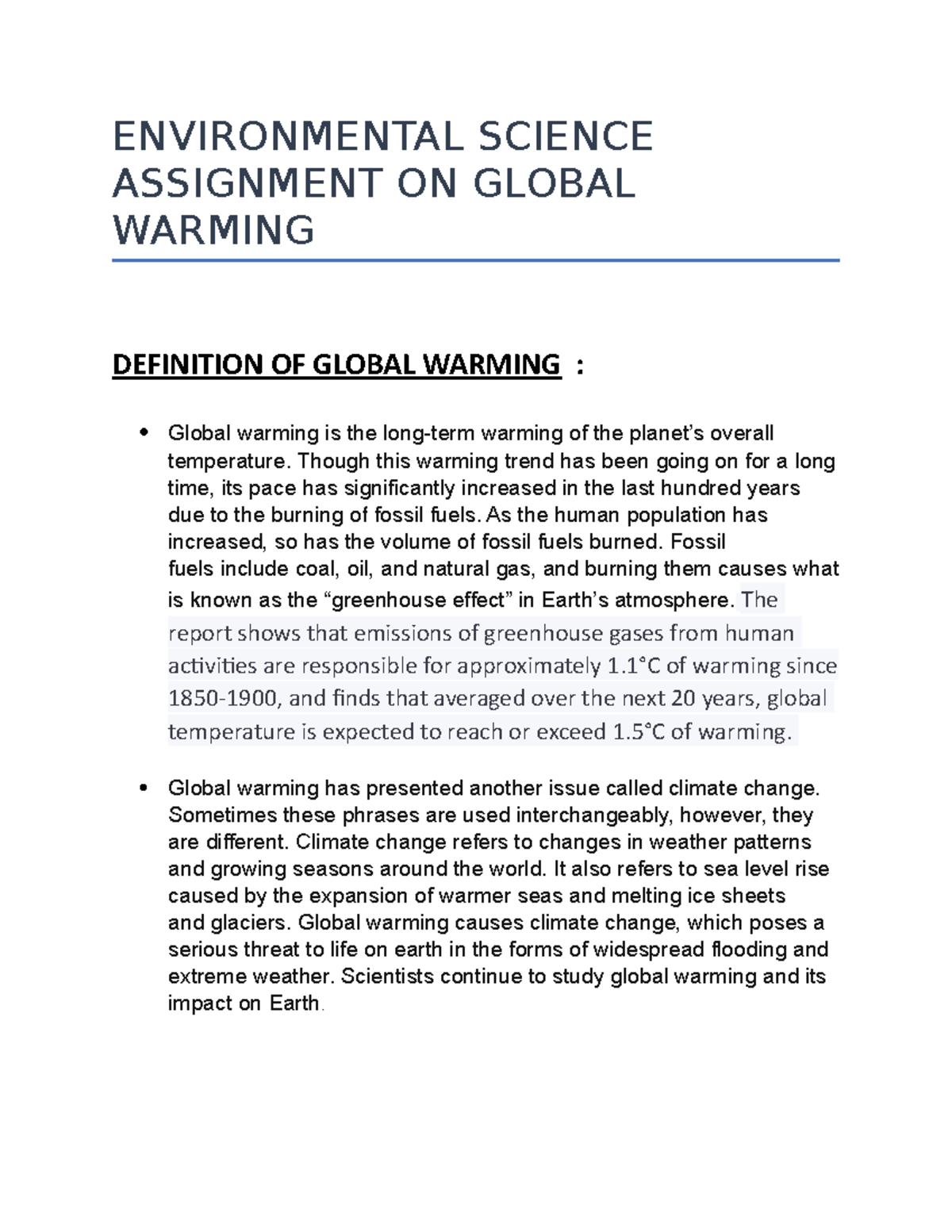 Environmental Science Assignment ON Global Warming - ENVIRONMENTAL ...