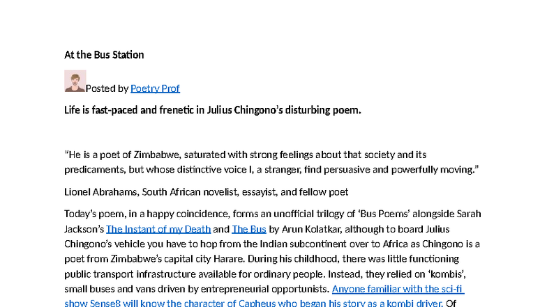 At the Bus Station: Analyzing Chingono's Poetic Metaphor in Society ...