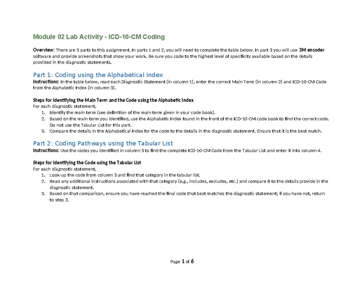 ICD-10-CM Mod02 Lab Activity Worksheet - Coding Steps & Examples - Studocu