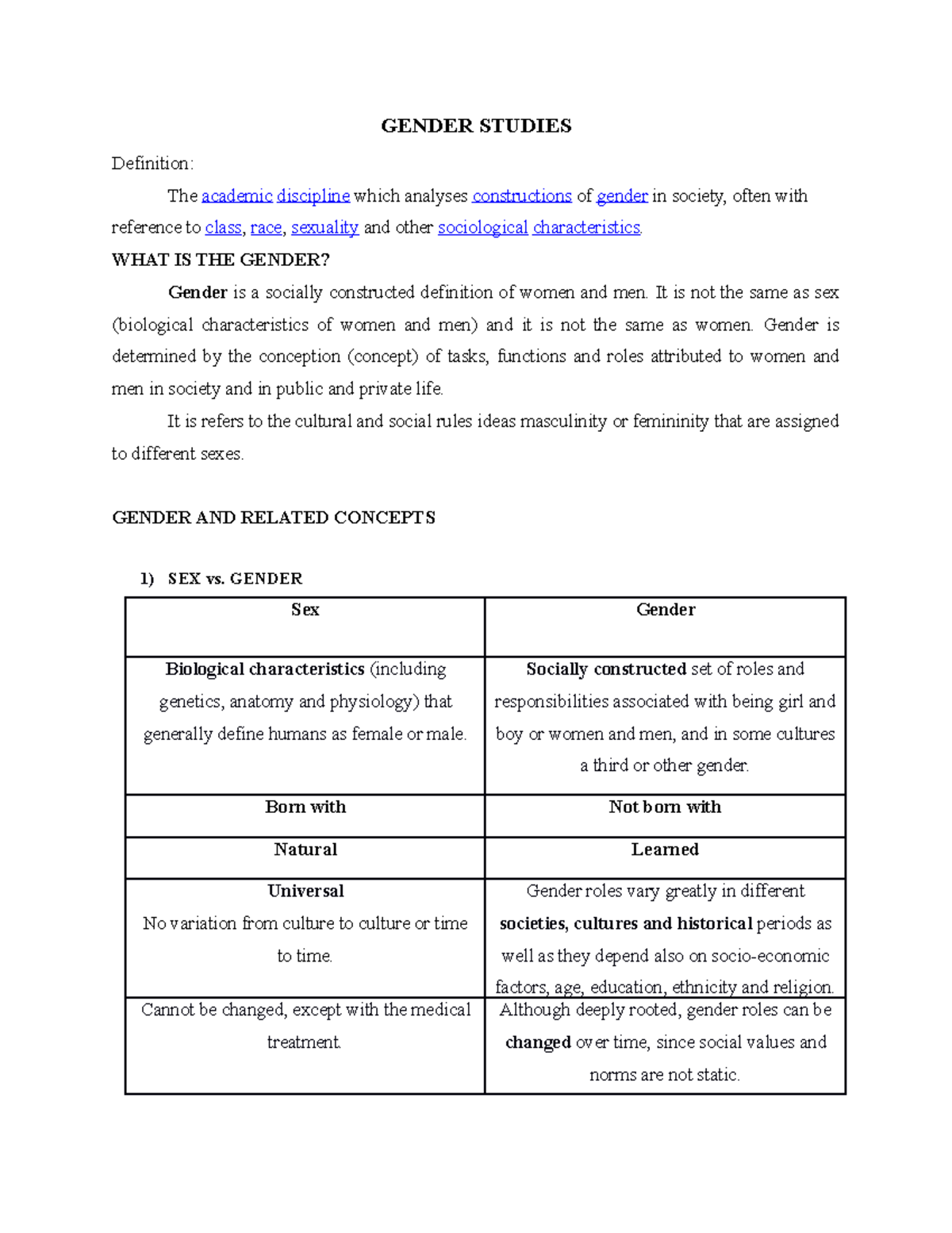 GENDER STUDIES - Lecture Notes on Gender Concepts 1-7 - Studocu