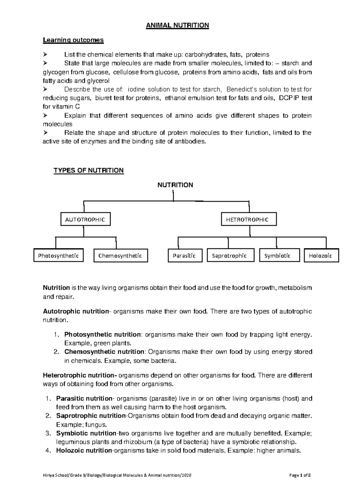Animal Nutrition & Biological Molecules: Key Concepts and Tests - Studocu