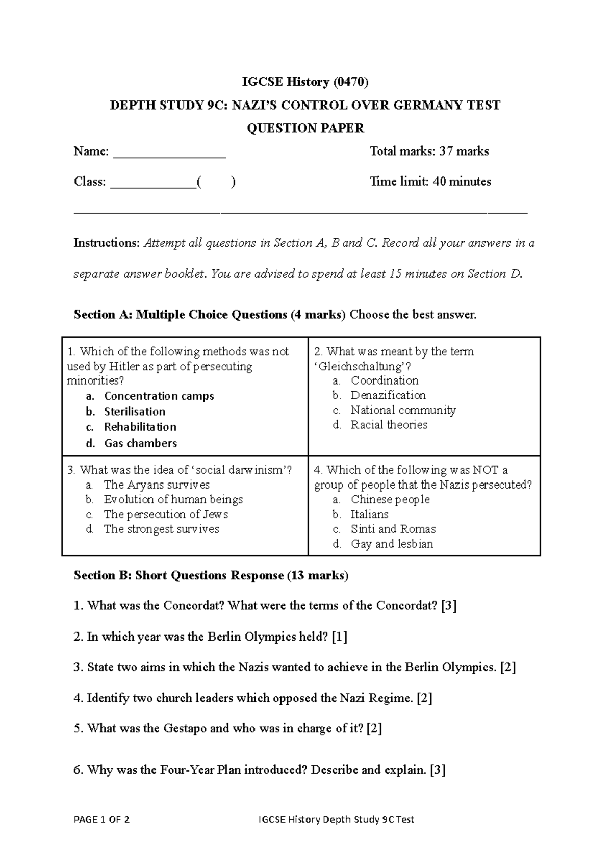 IGCSE History (0470) Depth Study 9C: Control Over Germany Quiz - Studocu