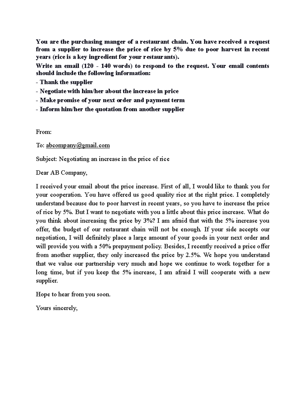 Negotiation Email for Rice Price Increase - Writing Unit 5 - Studocu