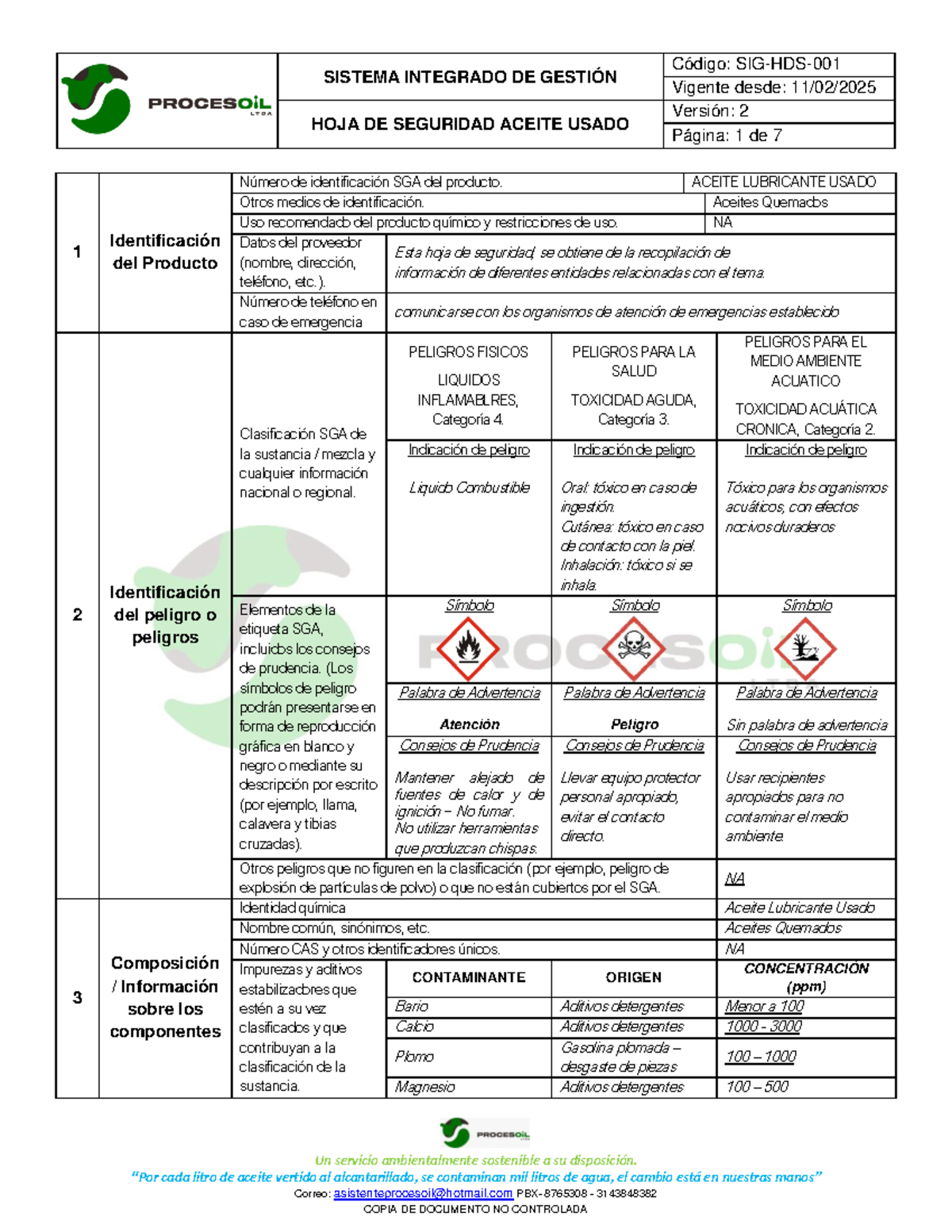Hoja de Seguridad SGA: Aceite Lubricante Usado - Versión 2 - Studocu