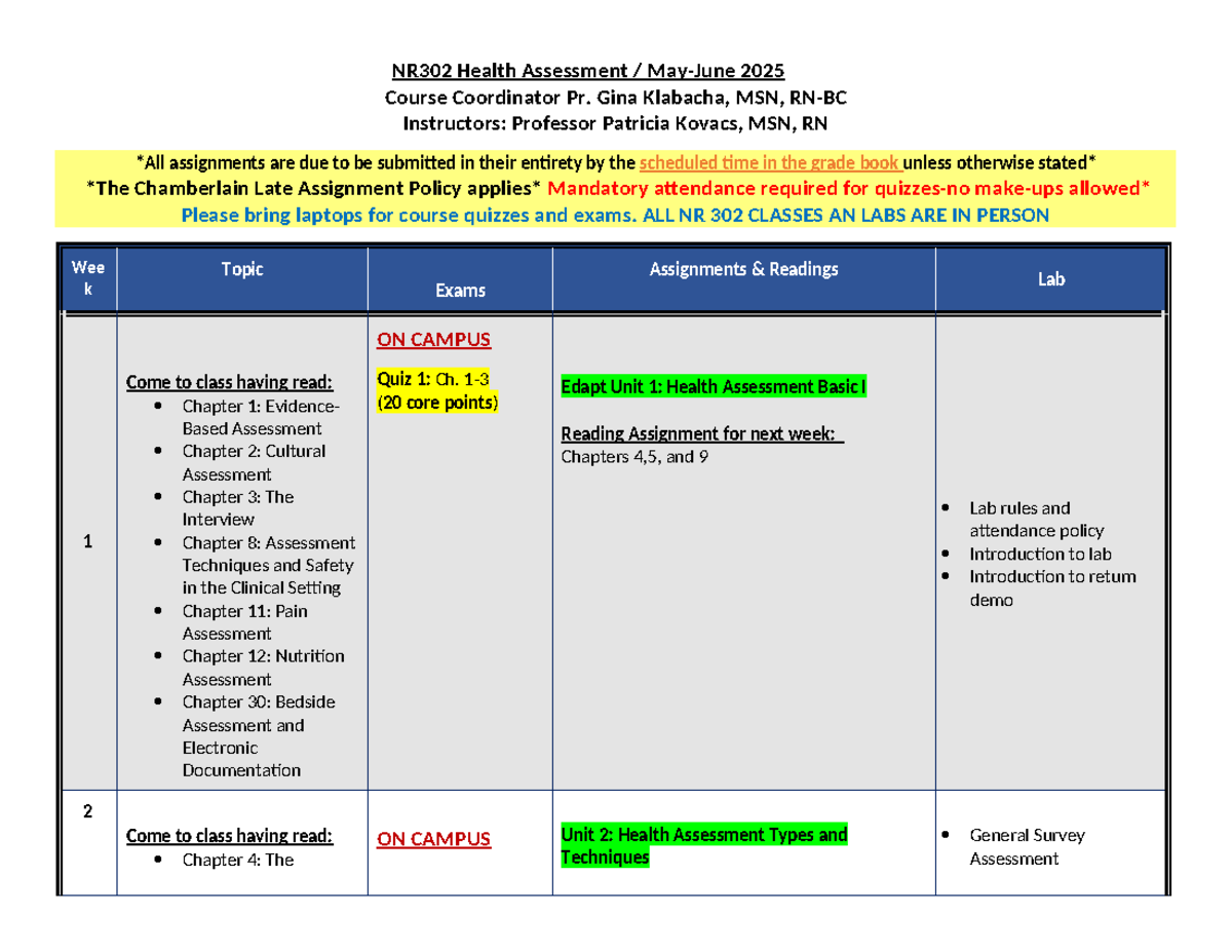 NR302 Health Assessment Course Calendar May-June 2025 - Studocu