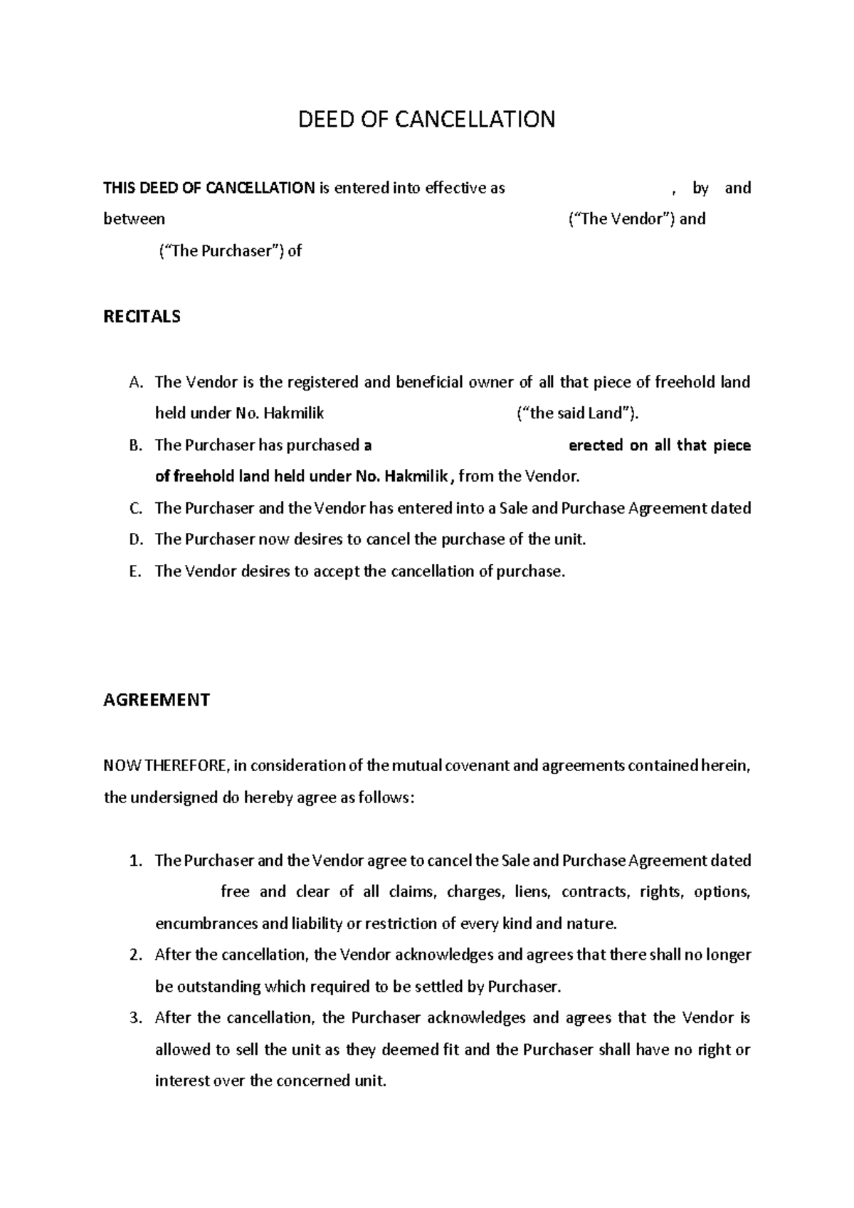 Deed of Cancellation Agreement for Sale and Purchase - Studocu