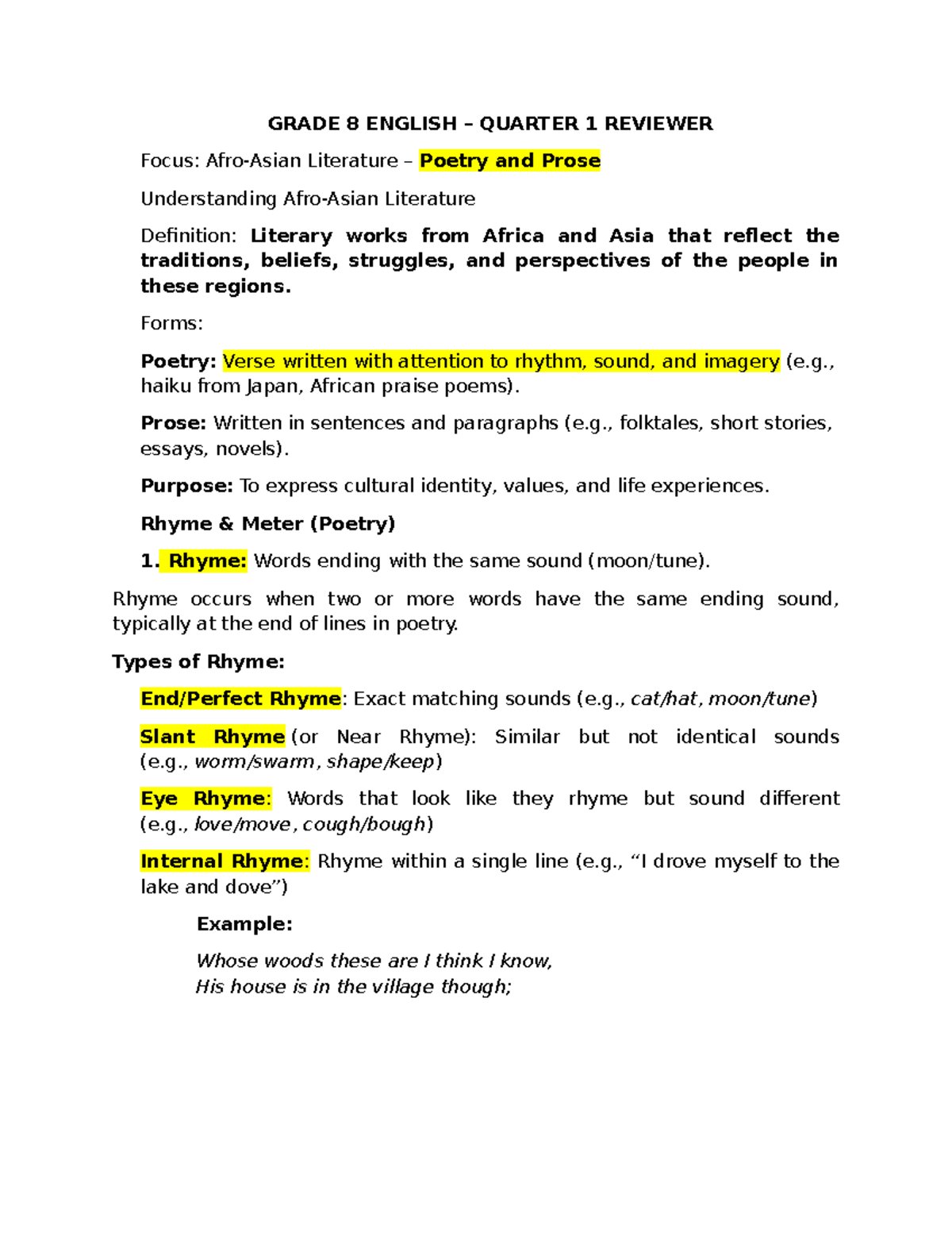GRADE 8 ENGLISH QUARTER 1 REVIEWER: Literature, Poetry & Prose Insights ...