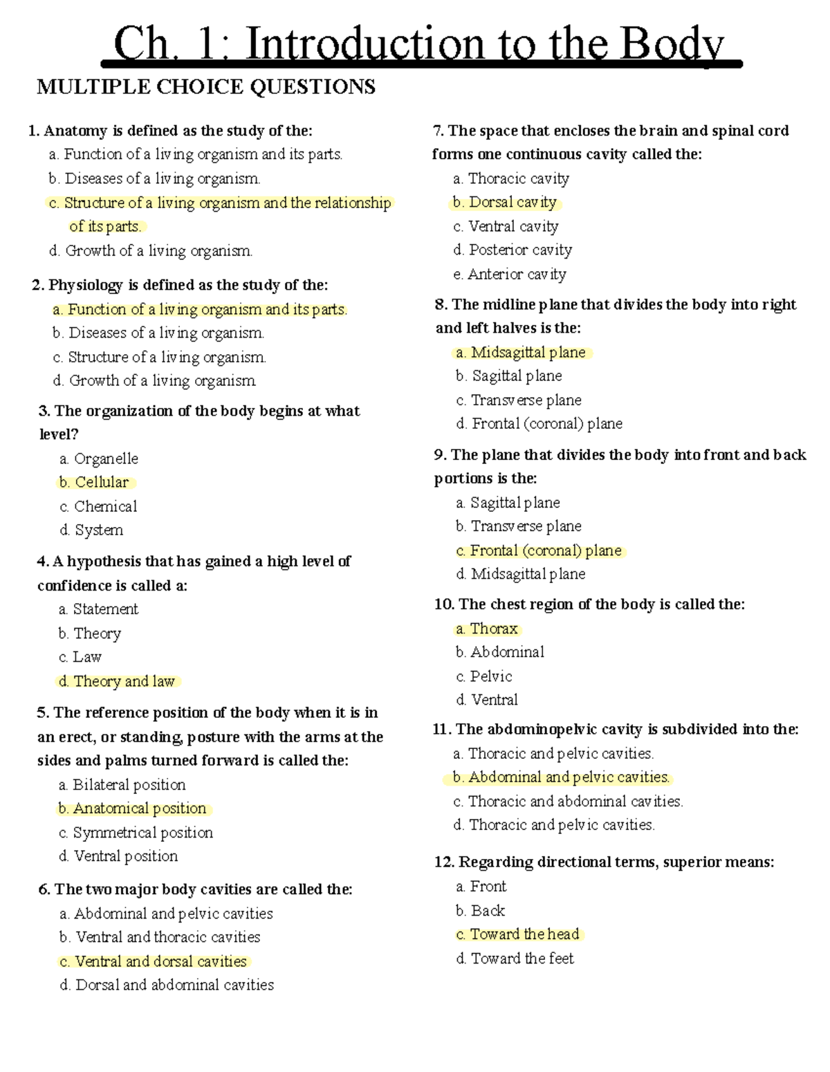 Ch 1 MCQs: Intro to the Body (Anatomy & Physiology) - Studocu