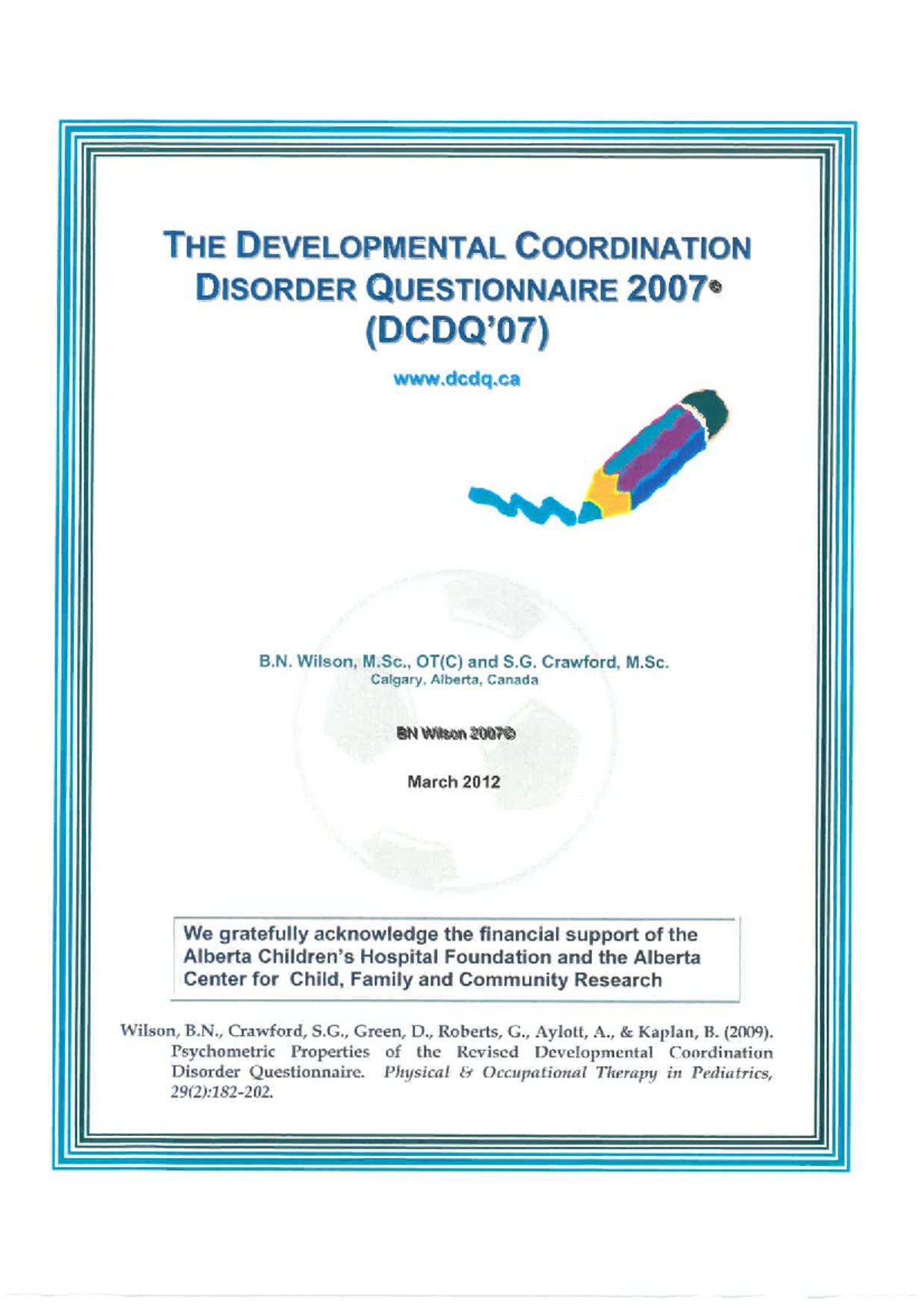 DCD Questionnaire - Developmental Coordination Disorder 2007 - Studocu