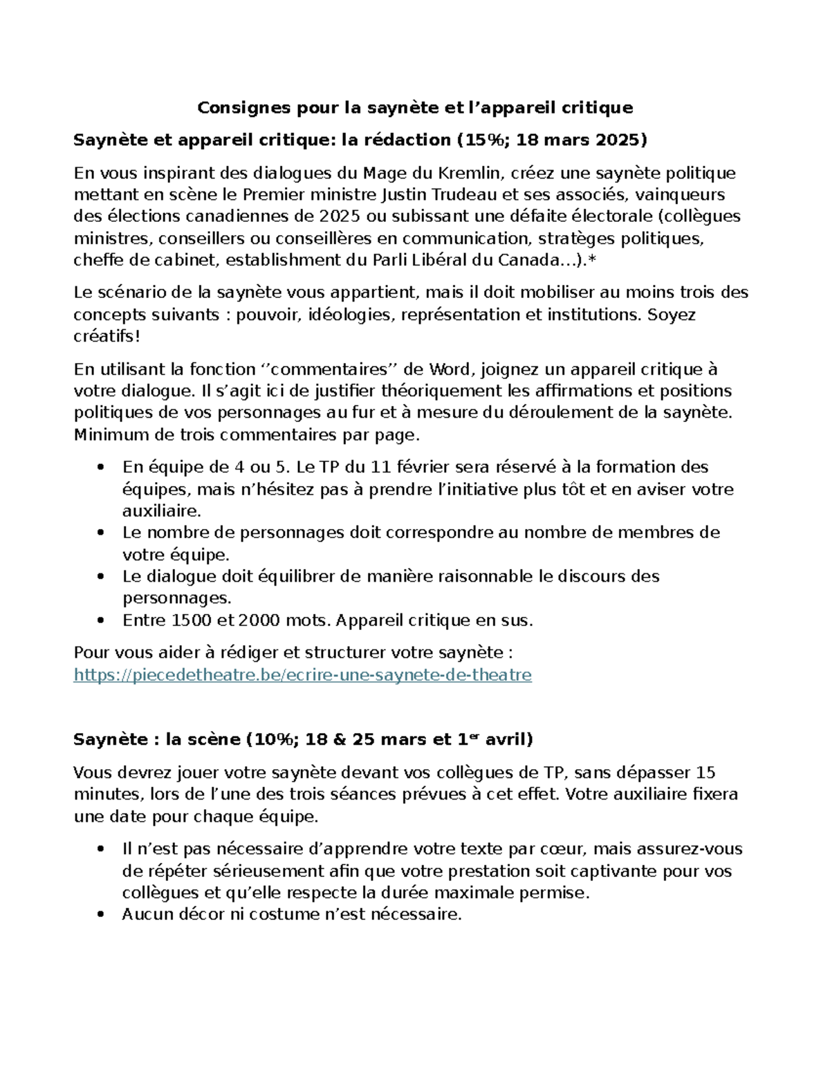 Saynète Politique: Consignes et Critique pour le TP (18 mars 2025 ...