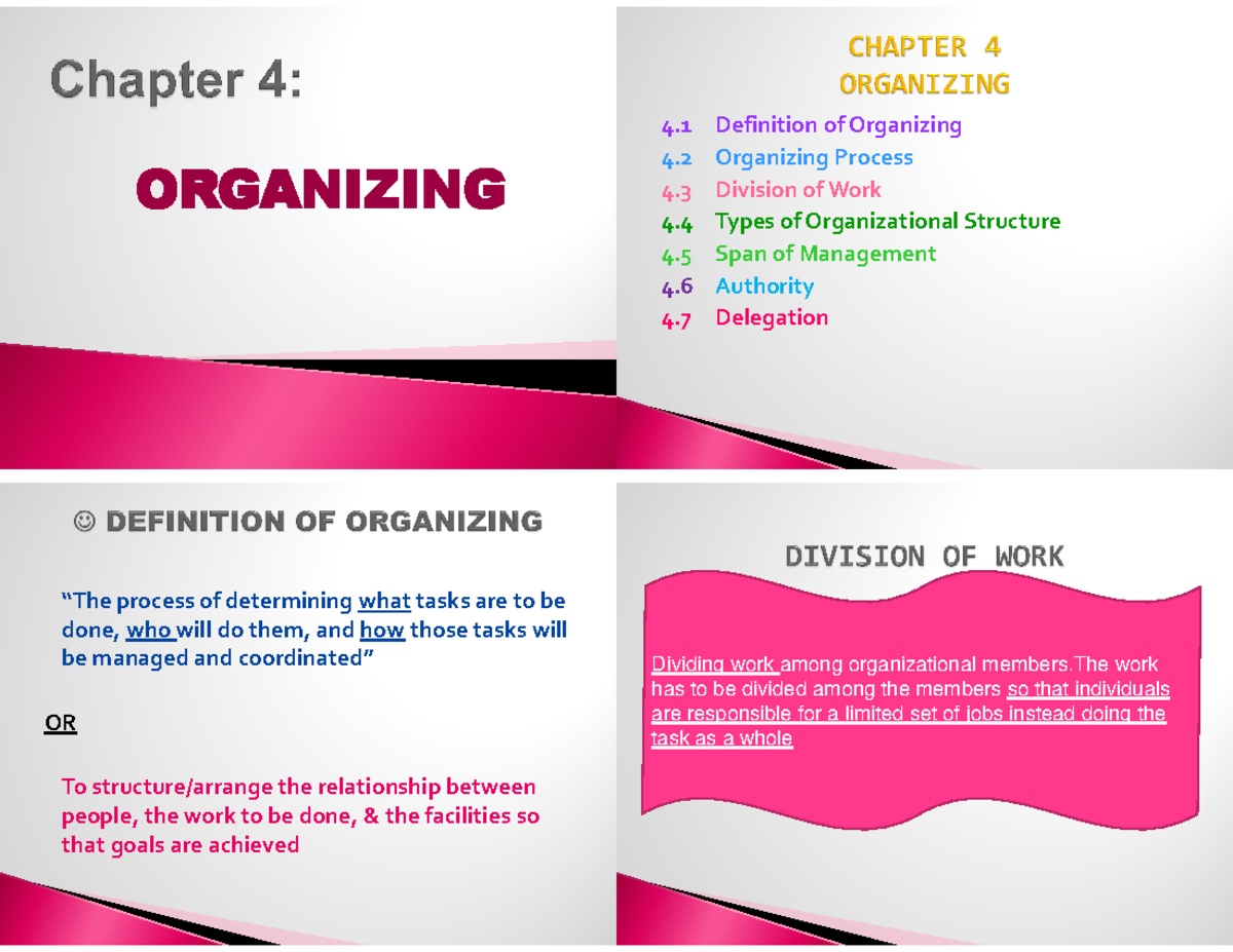 Chapter 4 Organizing (MGT162) - ORGANIZING 4 Definition of Organizing 4 ...