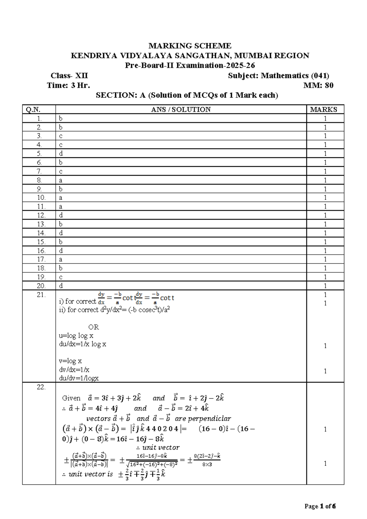 Mathematics (041) Marking Scheme - Kendriya Vidyalaya Sangathan XII ...