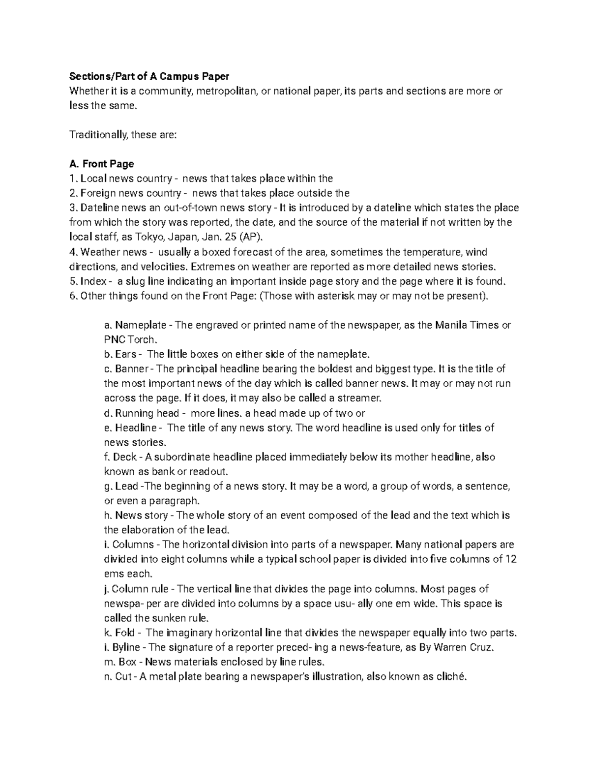 Campus Journalism: Sections of a Campus Paper Explained - Studocu