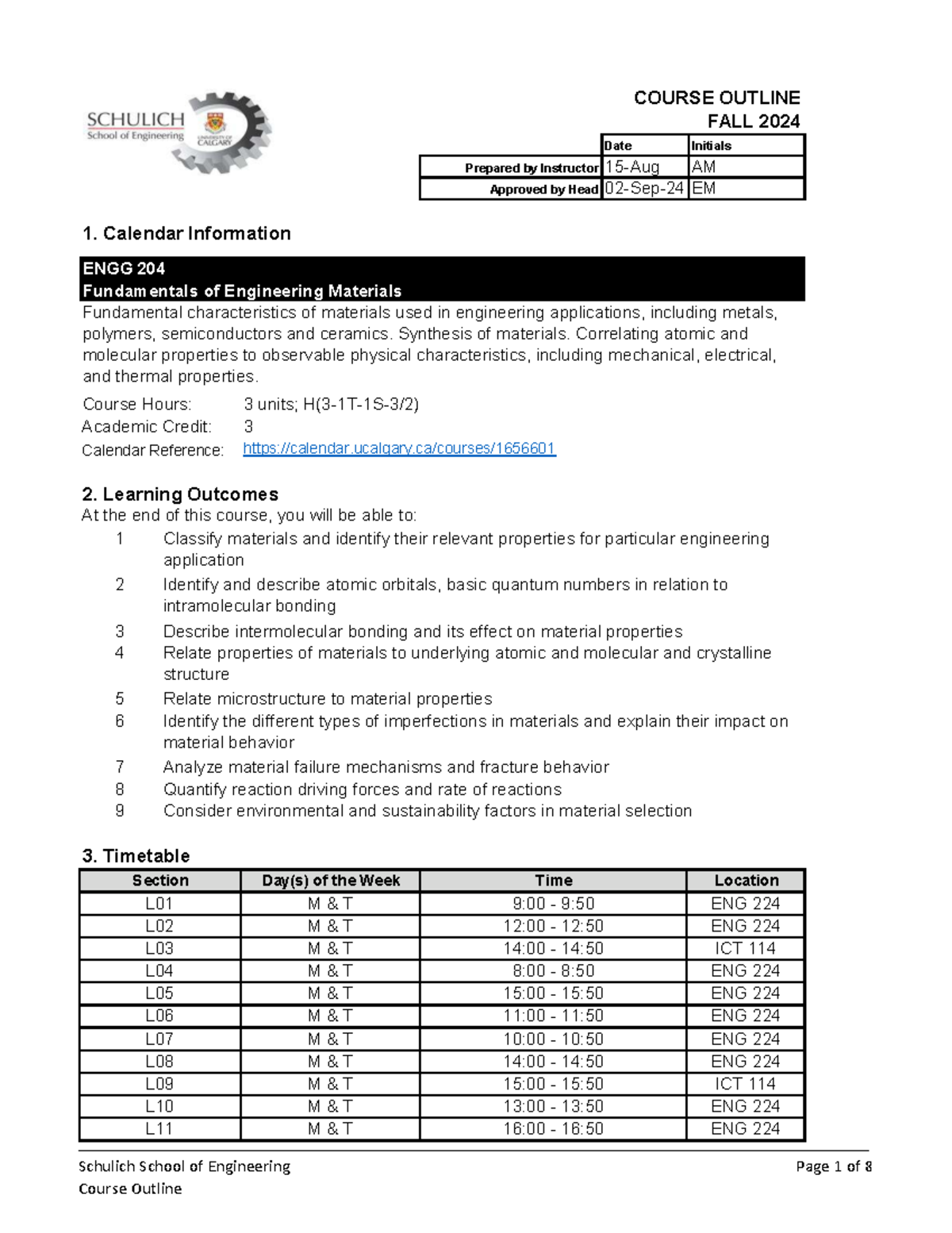 ENGG 204 Fall 2024 Course Outline: Fundamentals of Engineering Materials - Studocu