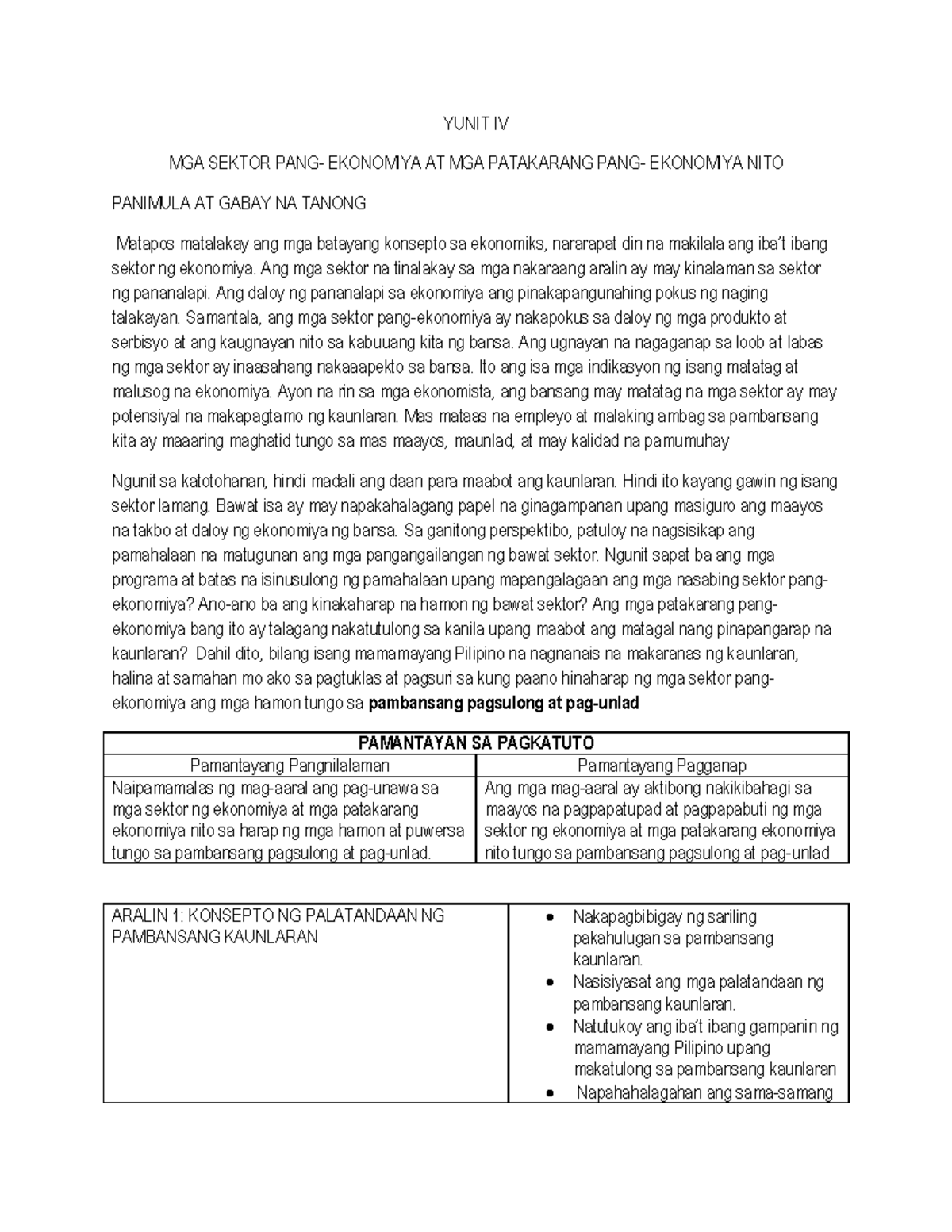 MGA SEKTOR AT PATAYANG PANG-EKONOMIYA: YUNIT IV MULA SA KURSO 0OIP ...
