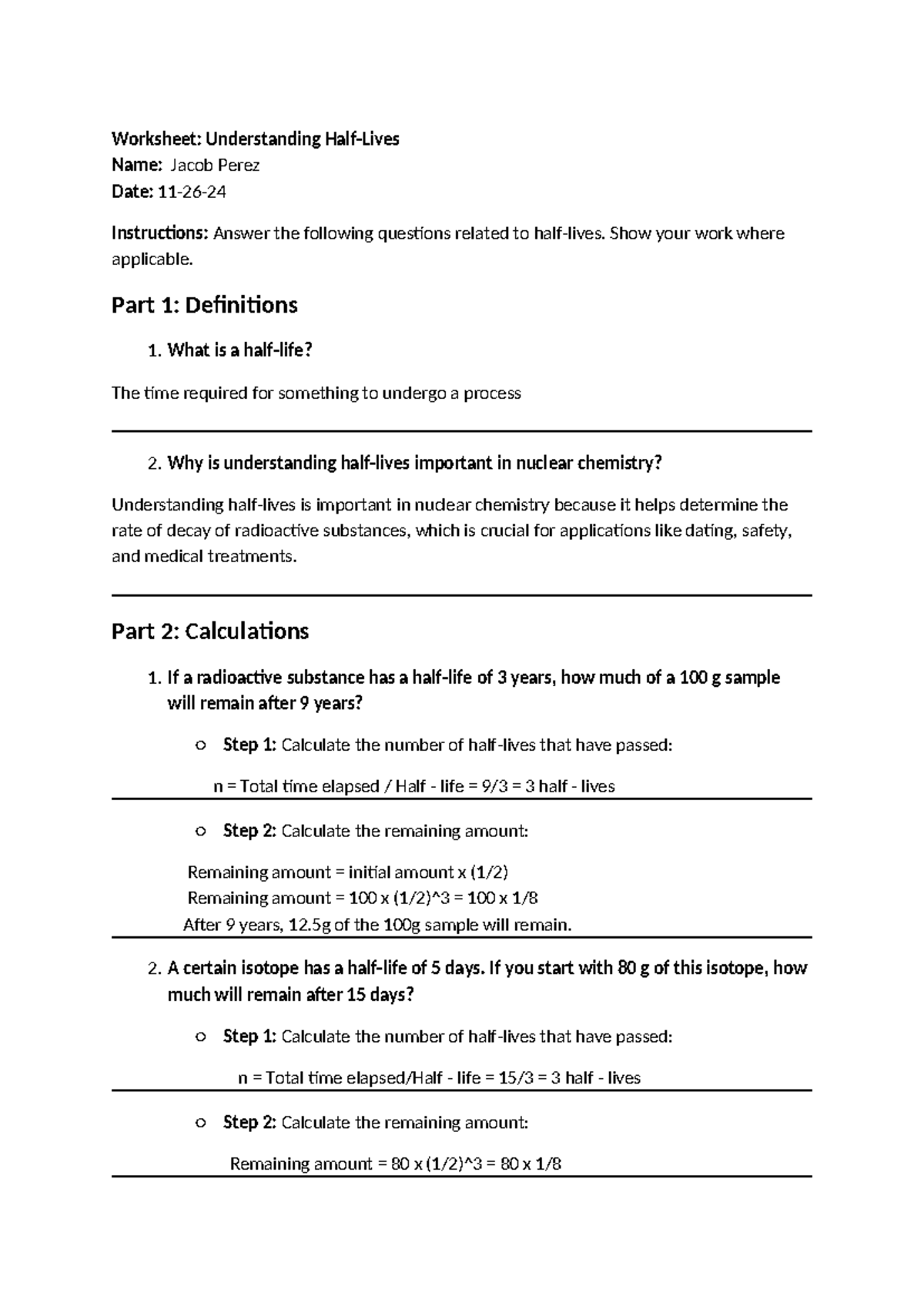 Nuclear Chemistry Worksheet: Half Life Calculations and Definitions ...
