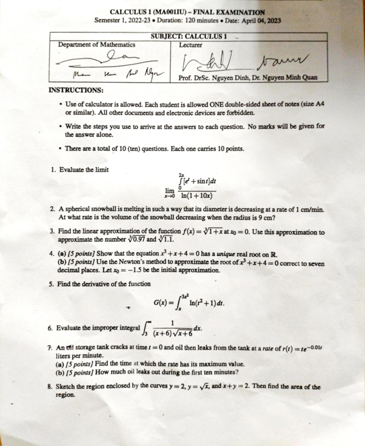 CAL 1 Final Exam - Questions & Instructions (2022-23) - Studocu