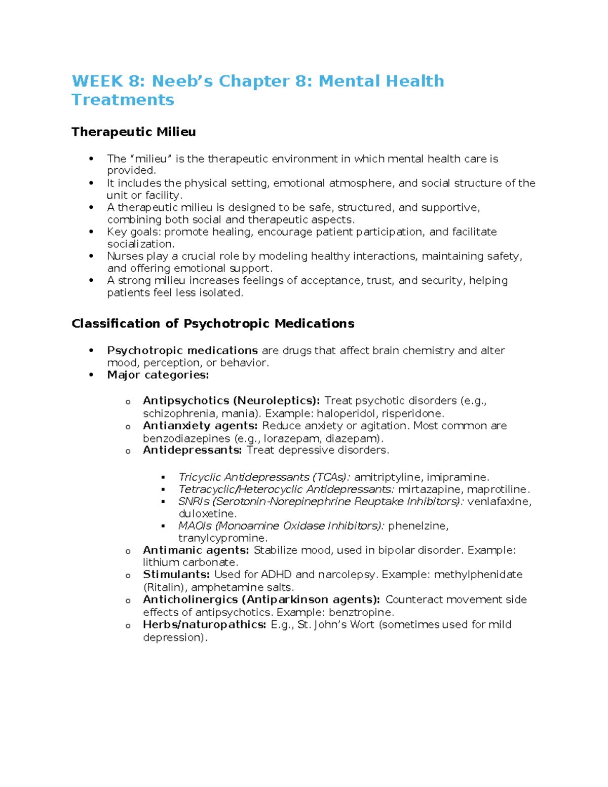 WEEK 8: Neeb's Chapter 8 - Overview of Mental Health Treatments - Studocu