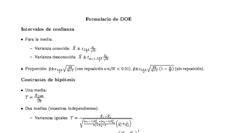 Formulario de DOE: Fórmulas para el Examen Final de Estadística - Studocu