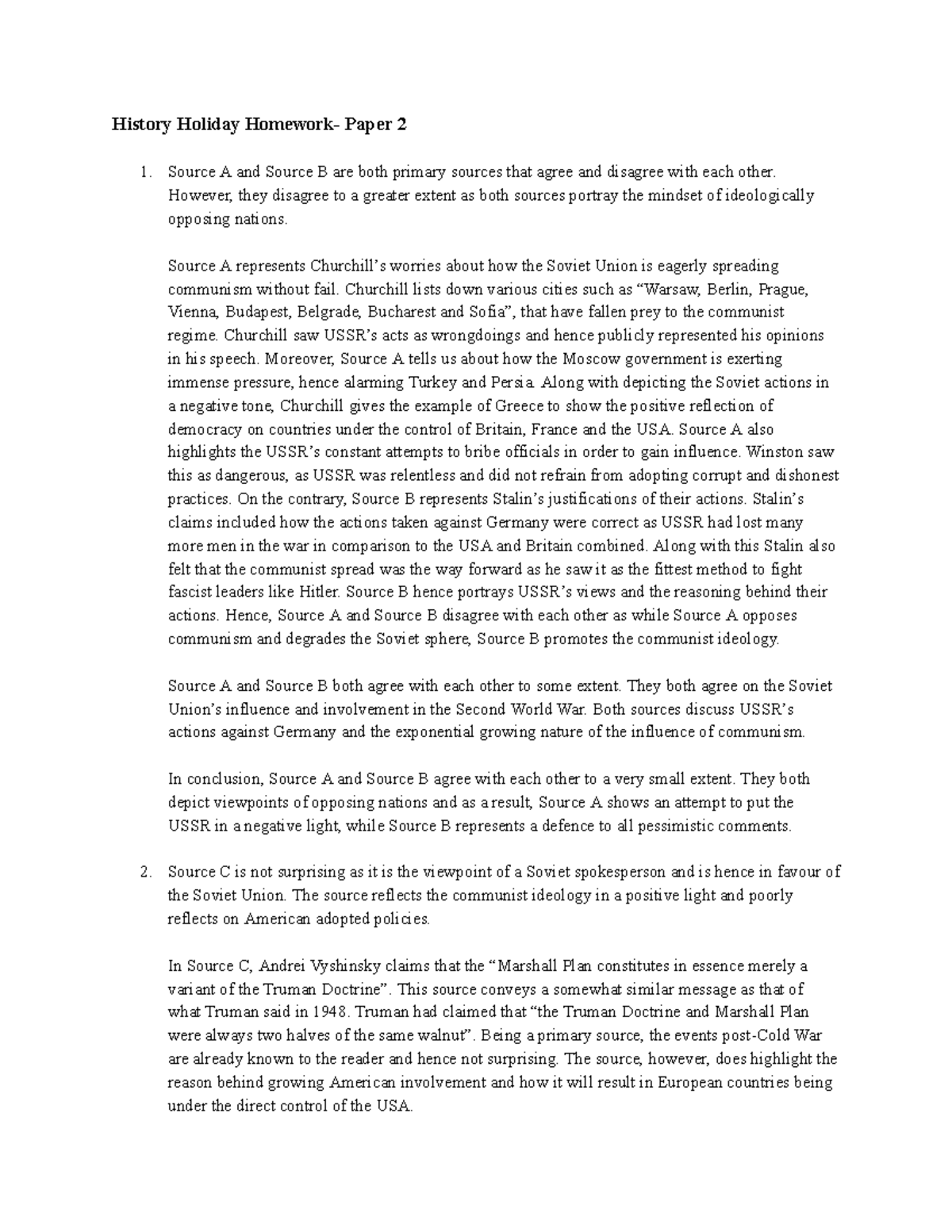 History Holiday Homework - Understanding Cold War Sources (Paper 2 ...