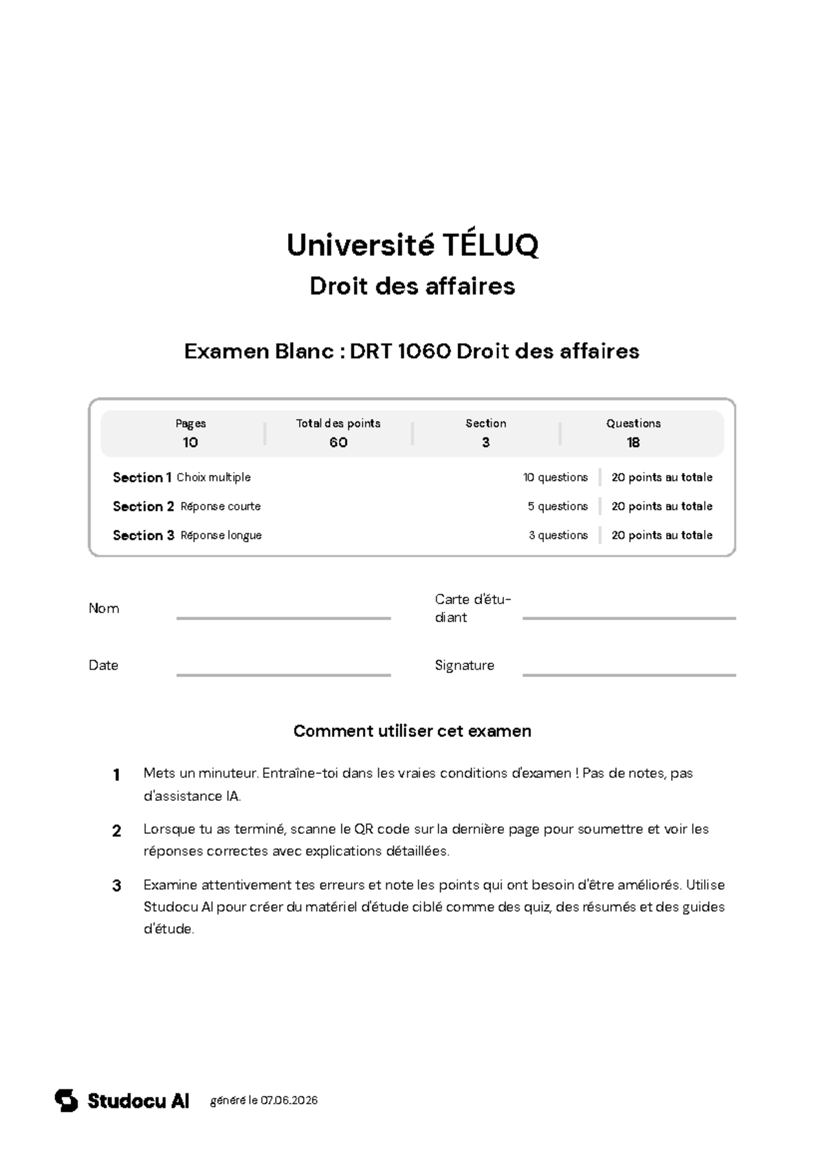 Examen Blanc : DRT 1060 Droit des affaires - Studocu