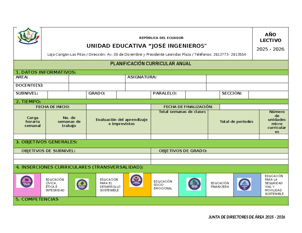 Planificación Curricular Anual 2025-2026 - Unidad Educativa Ecuador ...