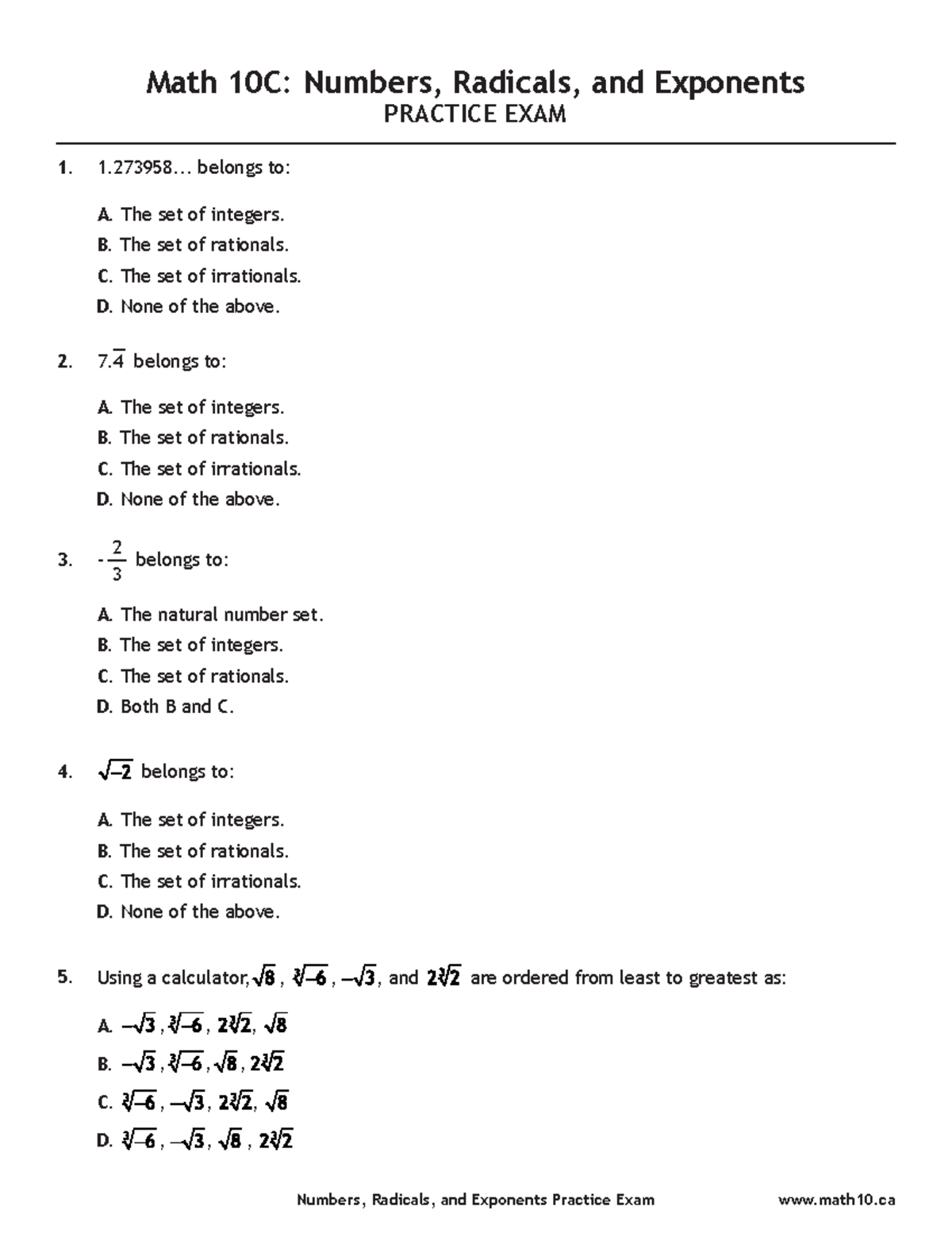 Math10C Practice Exam Numbers Radicals Exponents - Math 10C: Numbers ...