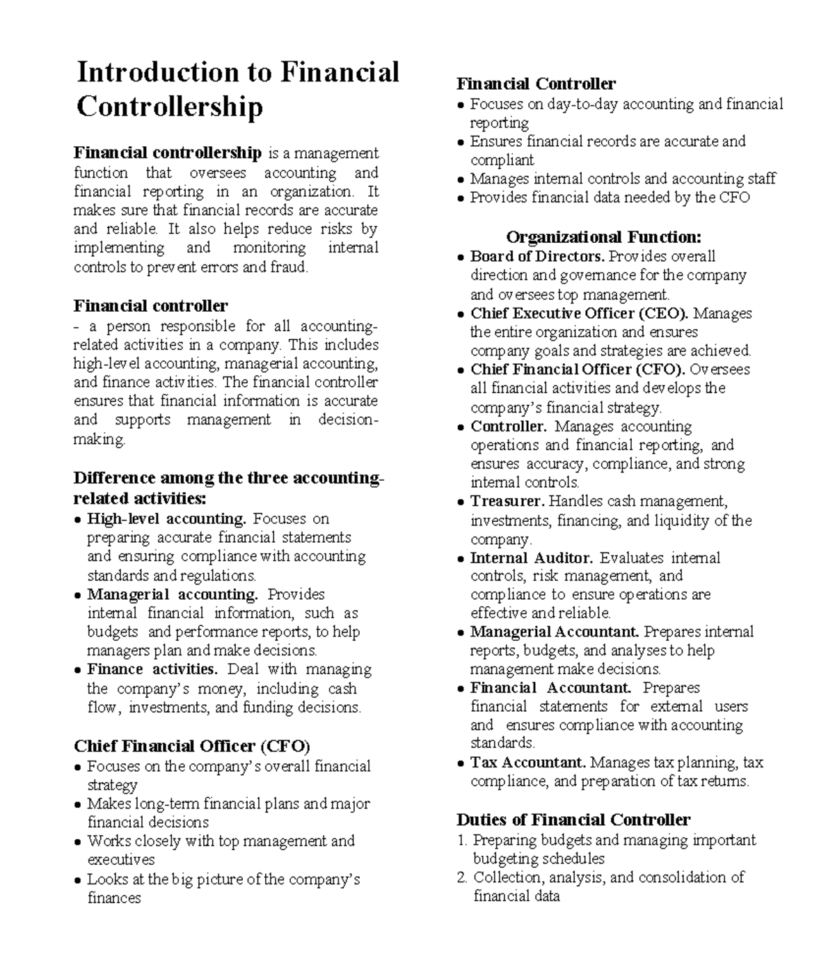 Financial Controllership Overview: Roles, Risks, and Analysis - Studocu