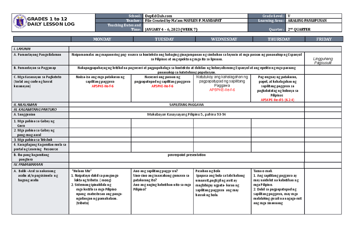 DLL Araling Panlipunan 5 Q2 W7 - GRADES 1 to 12 DAILY LESSON LOG School: DepEdClub Grade Level ...