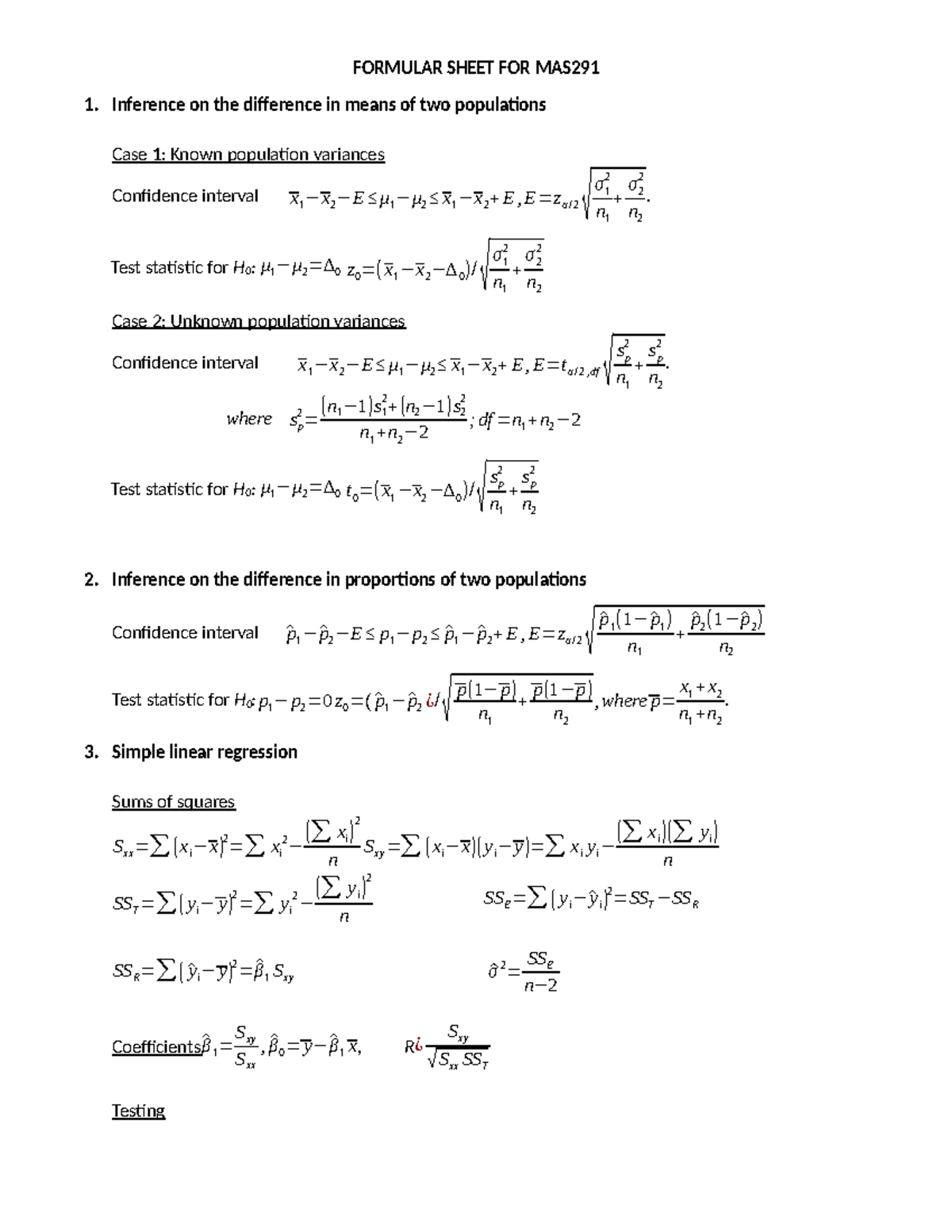 Formula Sheet for MAS291: Inference, Regression & Statistics - Studocu