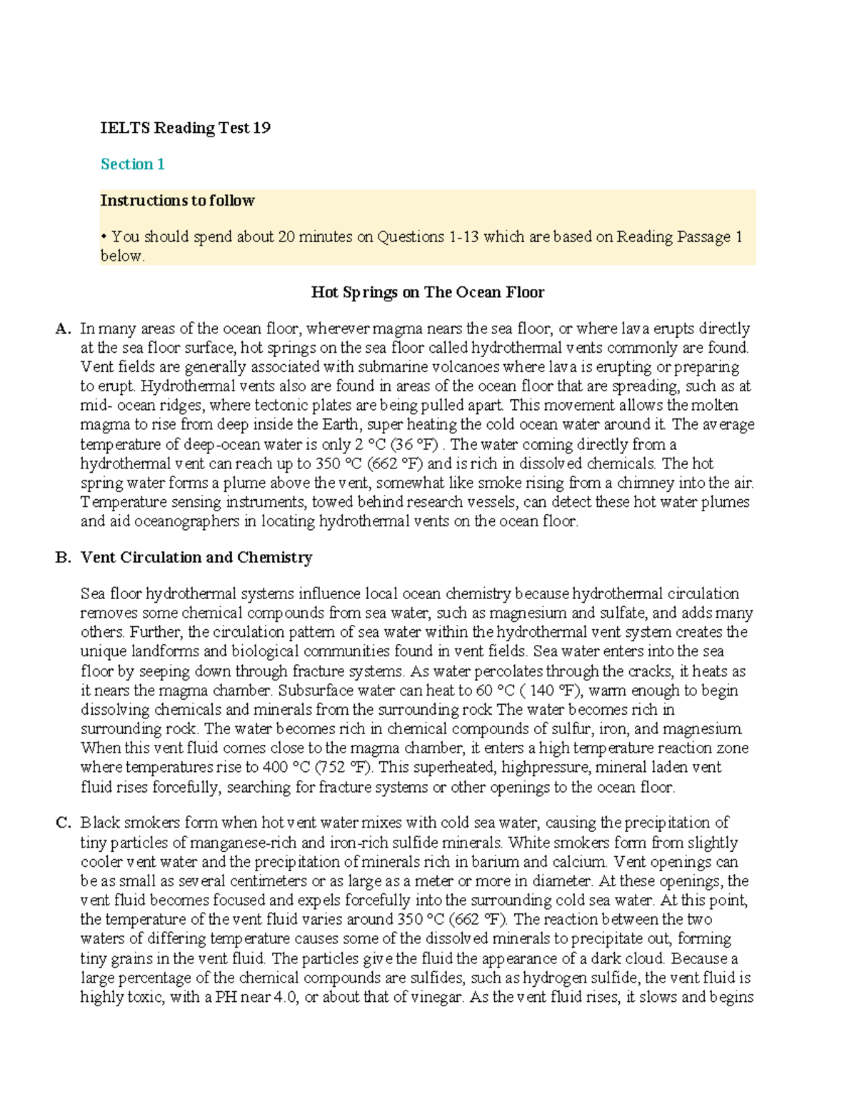 IELTS Reading Test 19: Hydrothermal Vents and Optimism Insights - Studocu