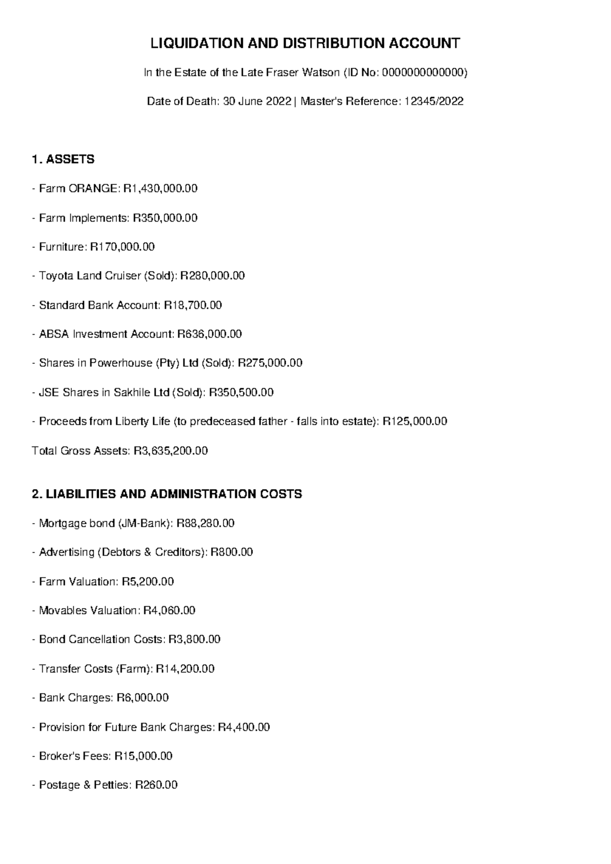 Liquidation & Distribution Account: Estate of Fraser Watson - Studocu