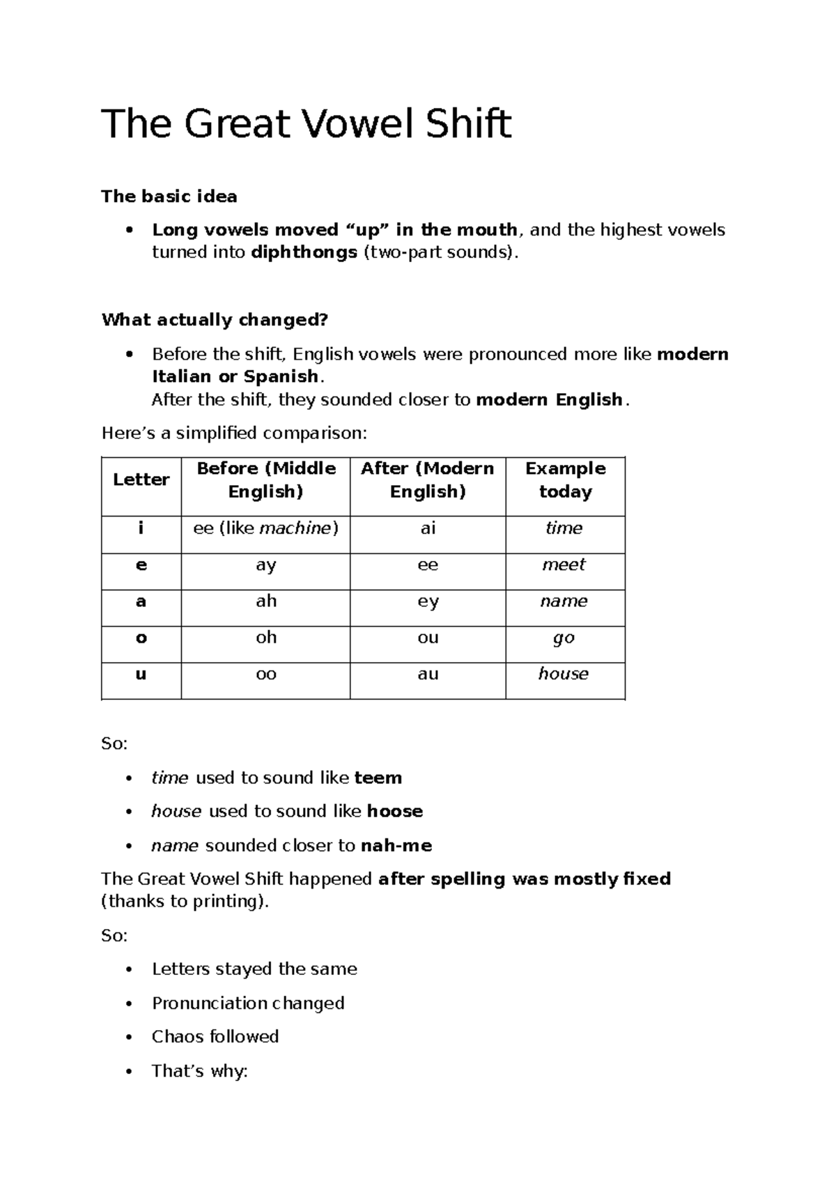 The Great Vowel Shift: Changes in English Pronunciation - Studocu