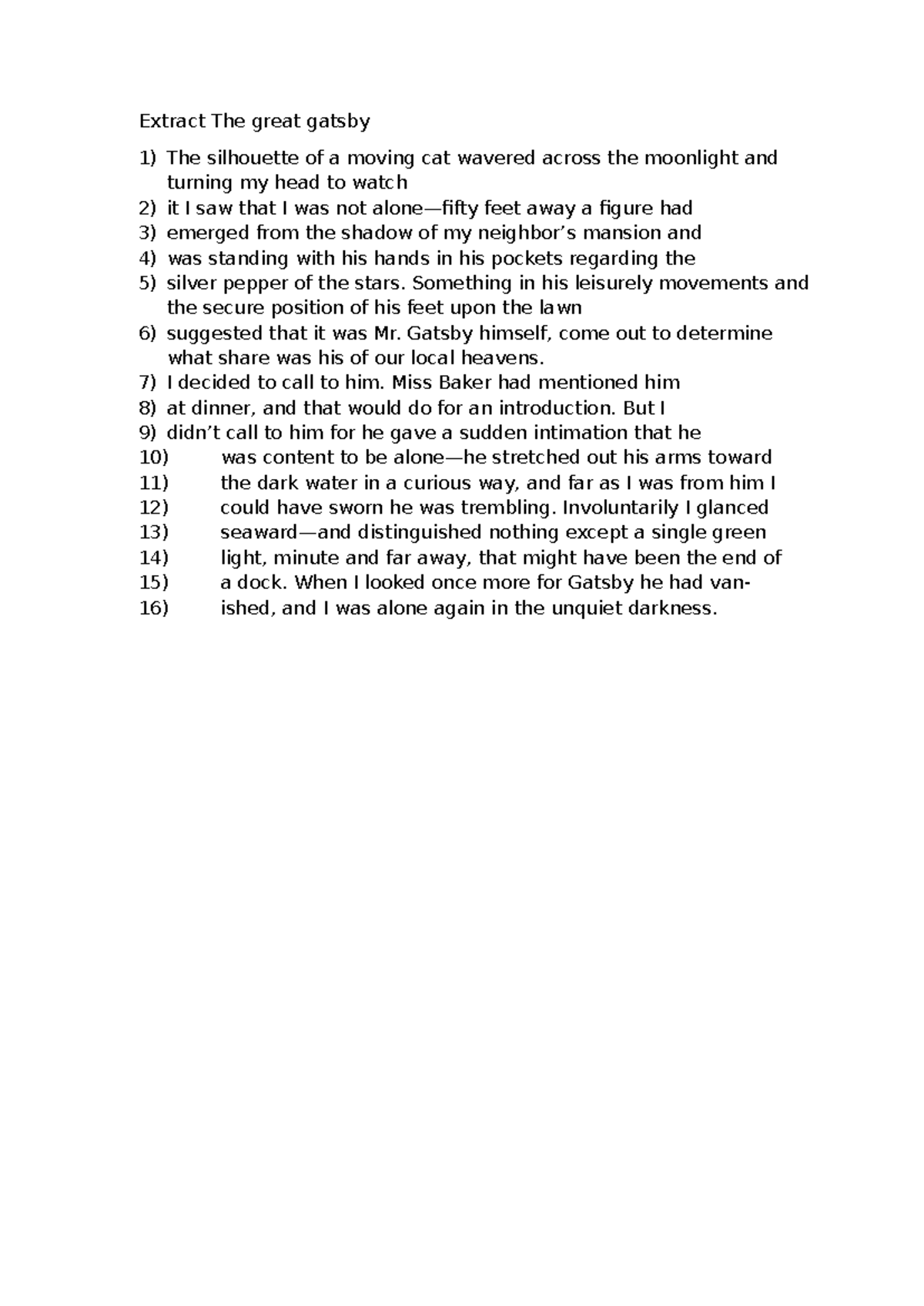 Extracts from The Great Gatsby: A Study of Key Scenes - Studeersnel