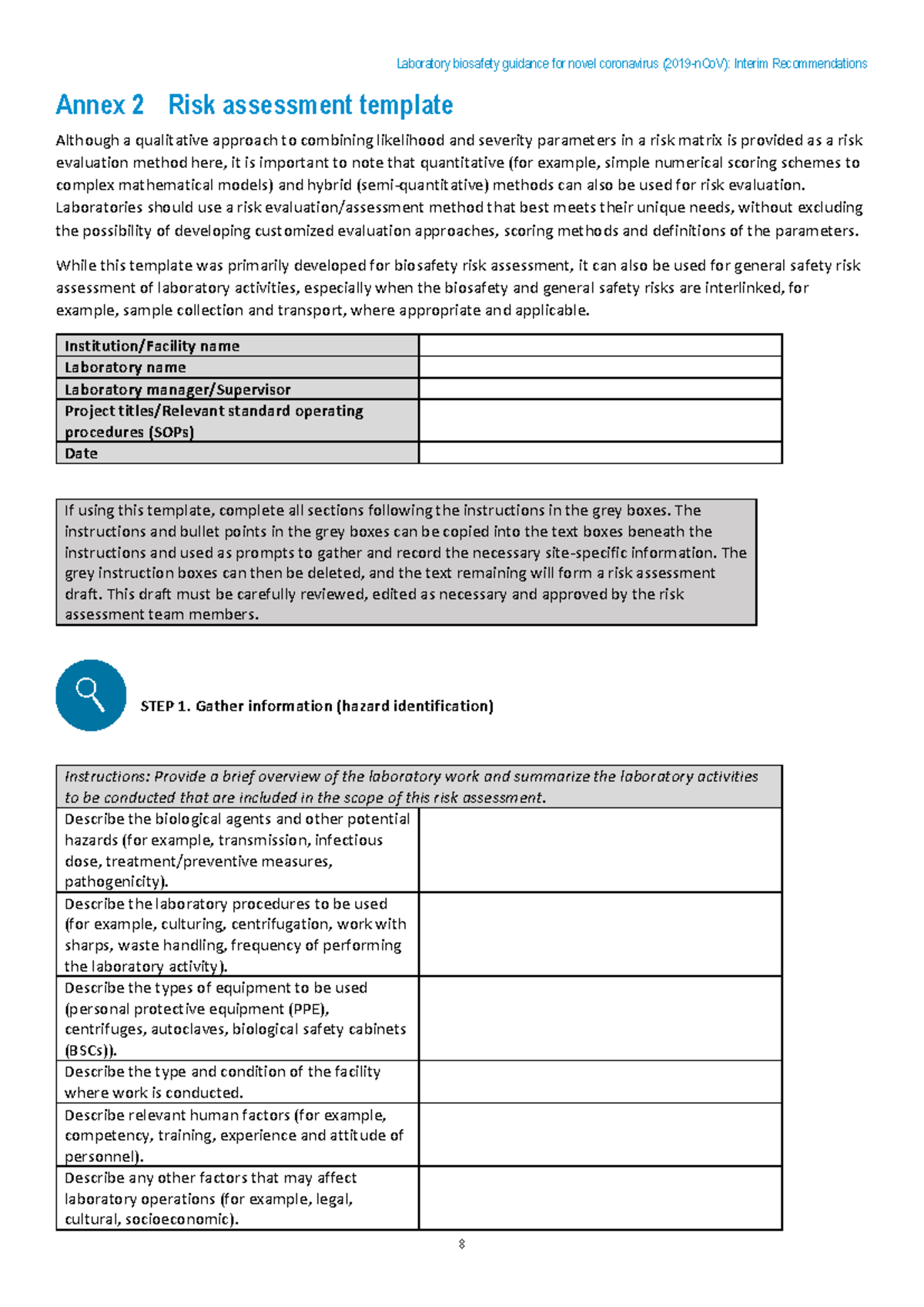 Risk Assessment Template for Laboratory Biosafety: COVID-19 Guidance ...