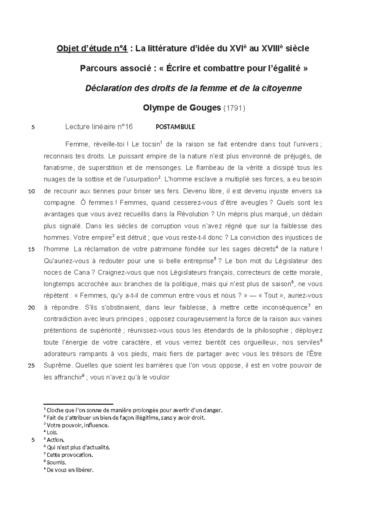 Fiche Oral Français: Olympe de Gouges et ses Idées Égalitaires - Studocu