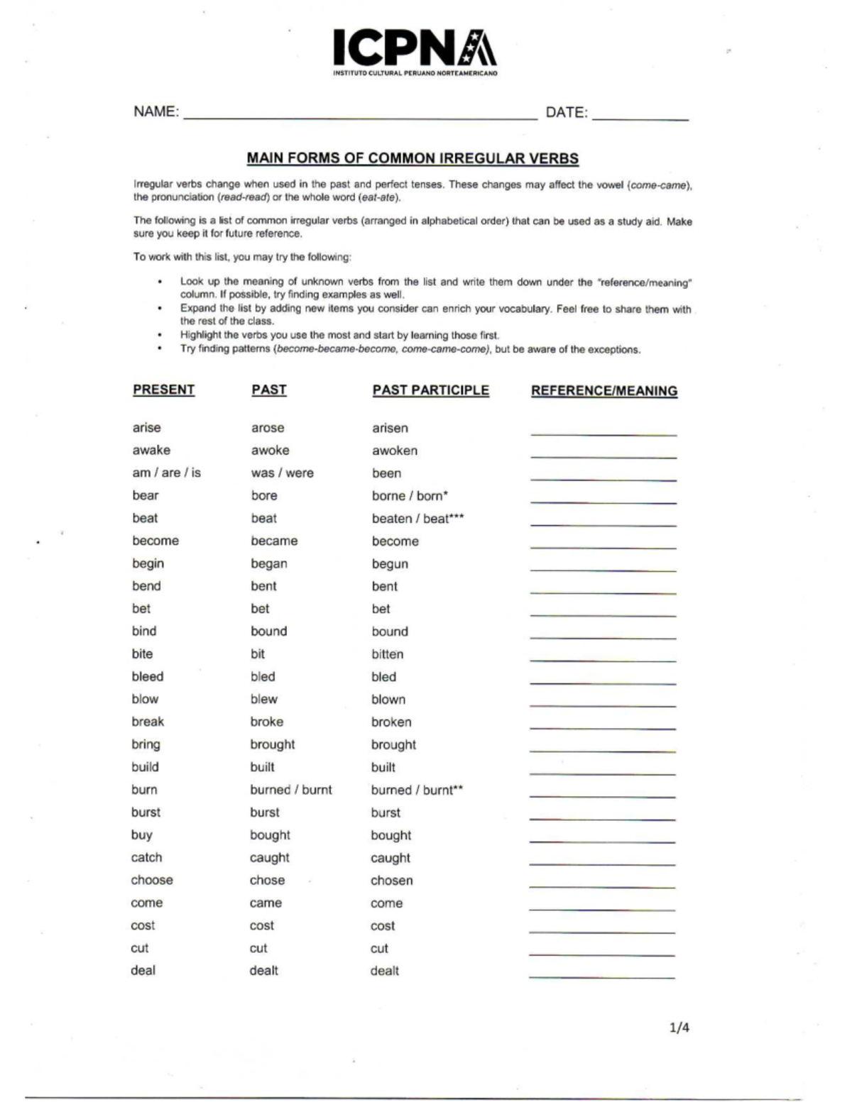 ICPN Irregular Verbs Study Guide: Common Forms and Usage - Studocu