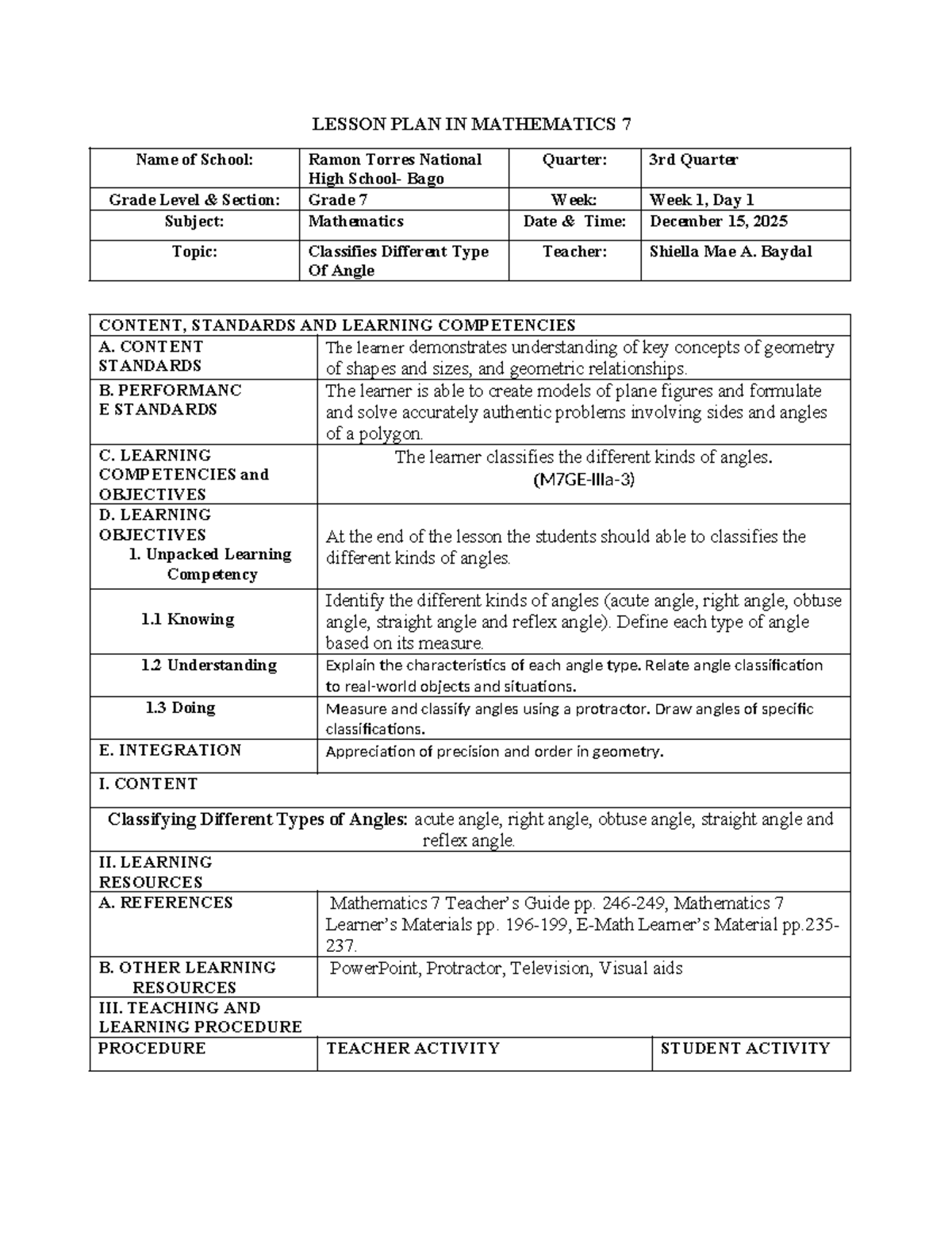 Mathematics 7 Lesson Plan: Classifying Different Types of Angles - Studocu