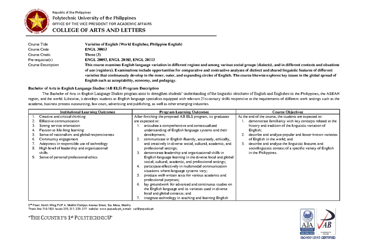 Course Syllabus: ENGL 30053 Varieties of English Overview - Studocu