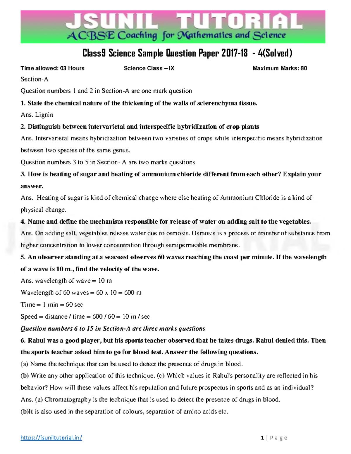 9th science sample papers 2017-18-4 solution - Class9 Science Sample ...