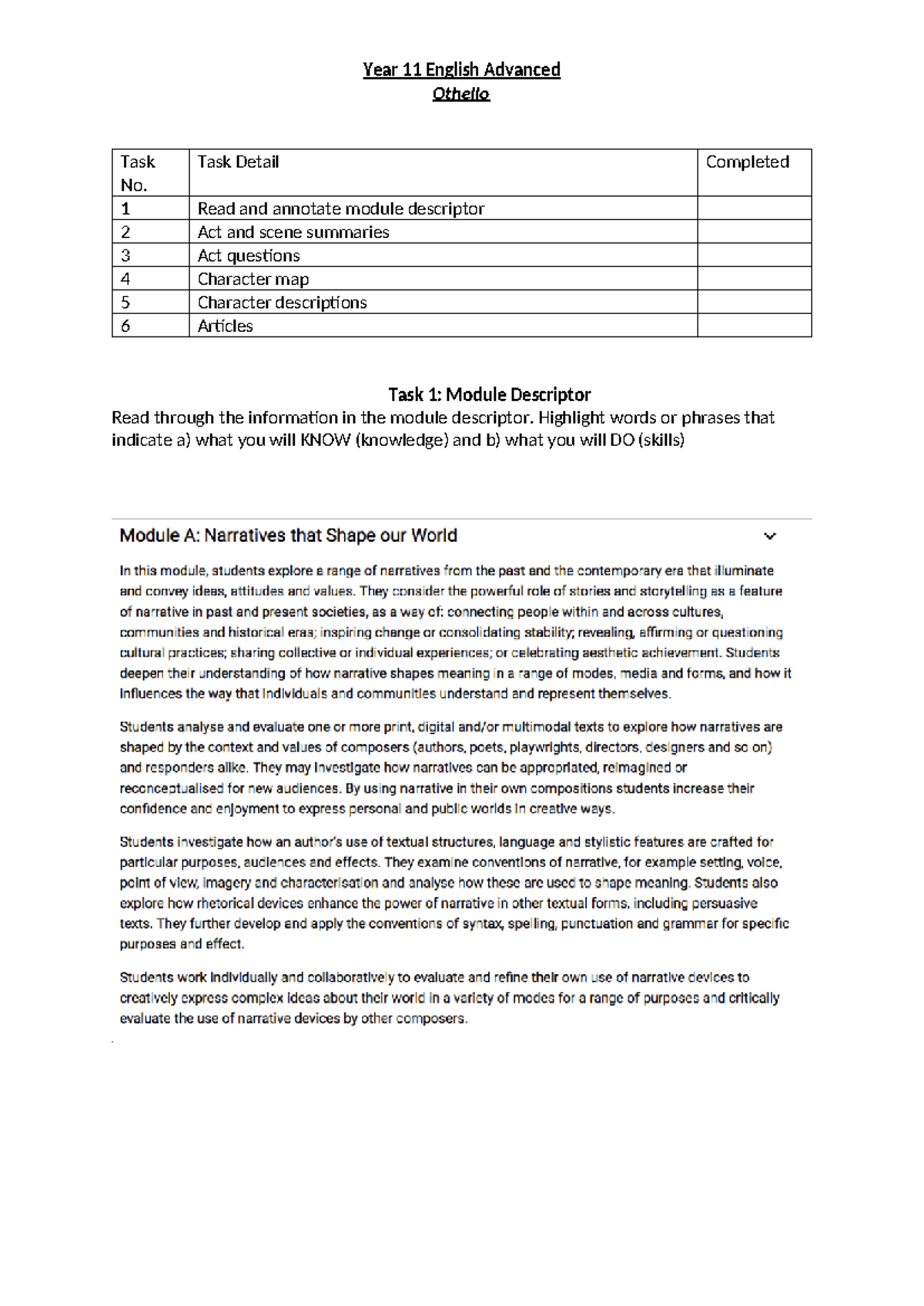 11ENA Othello Task Summaries and Character Analysis Workbook - Studocu