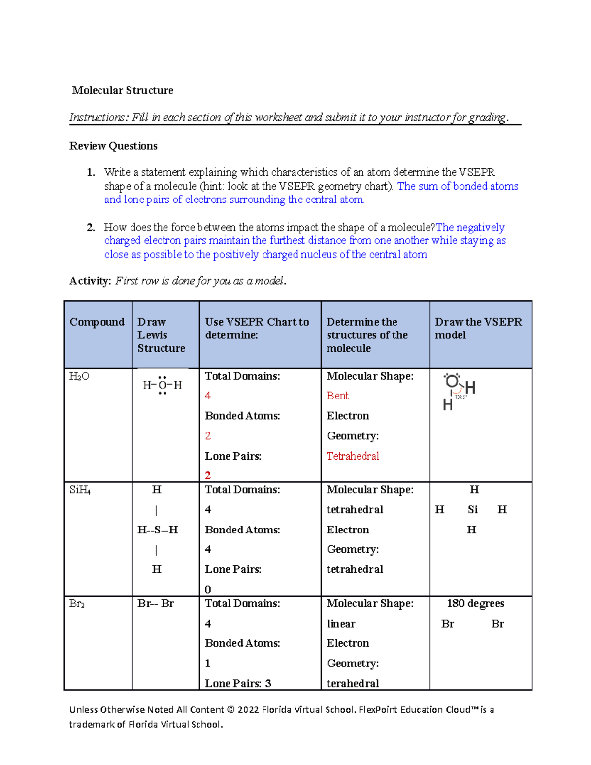 Molecular Structure Worksheet Molecular Structure Instructions Fill