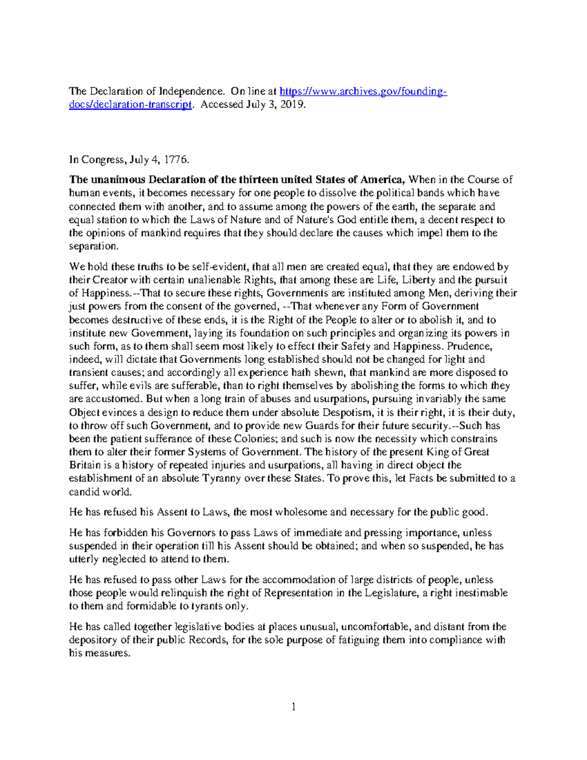 The Declaration of Independence: Analyzing Rights & Governance - Studocu