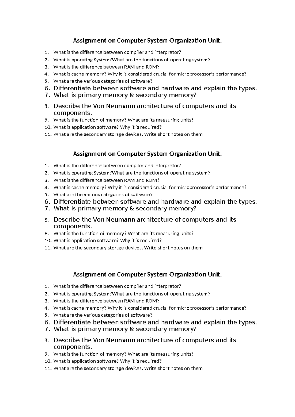 Assignment On Computer System Organization Unit 1 What Is The