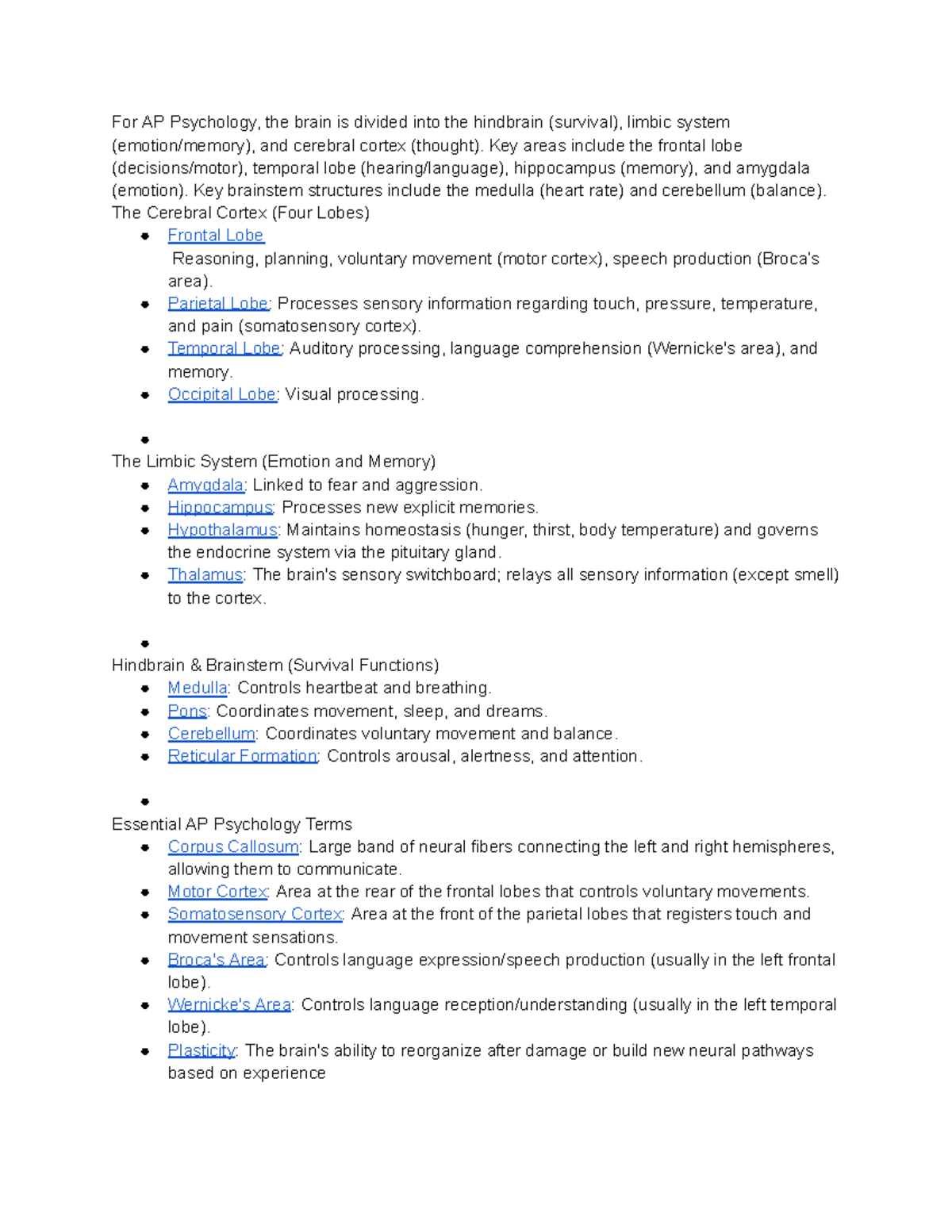 AP Psychology: Brain Structure Overview and Key Functions - Studocu