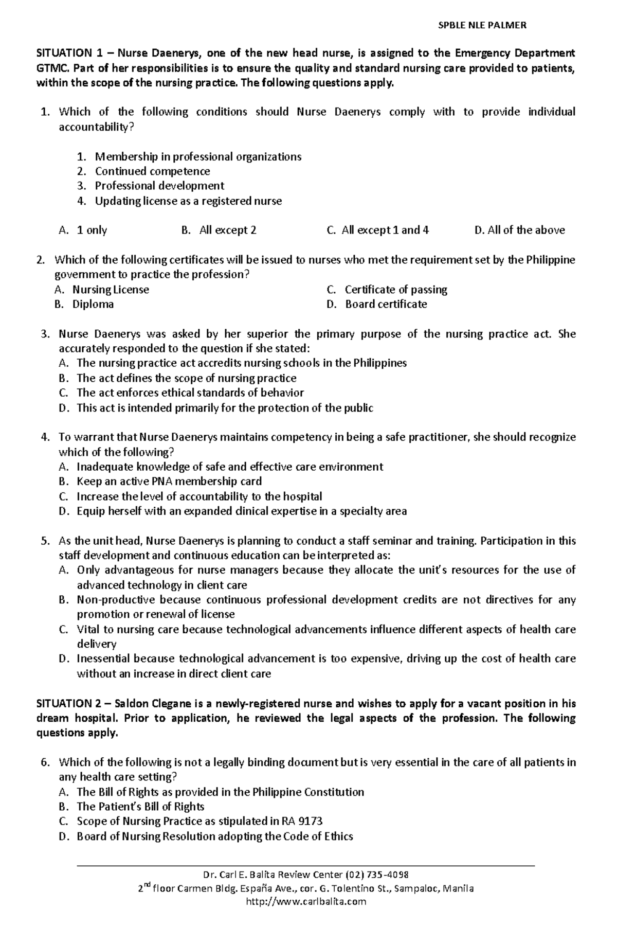 Palmer Nursing Review Notes: Key Situations & Questions - Studocu