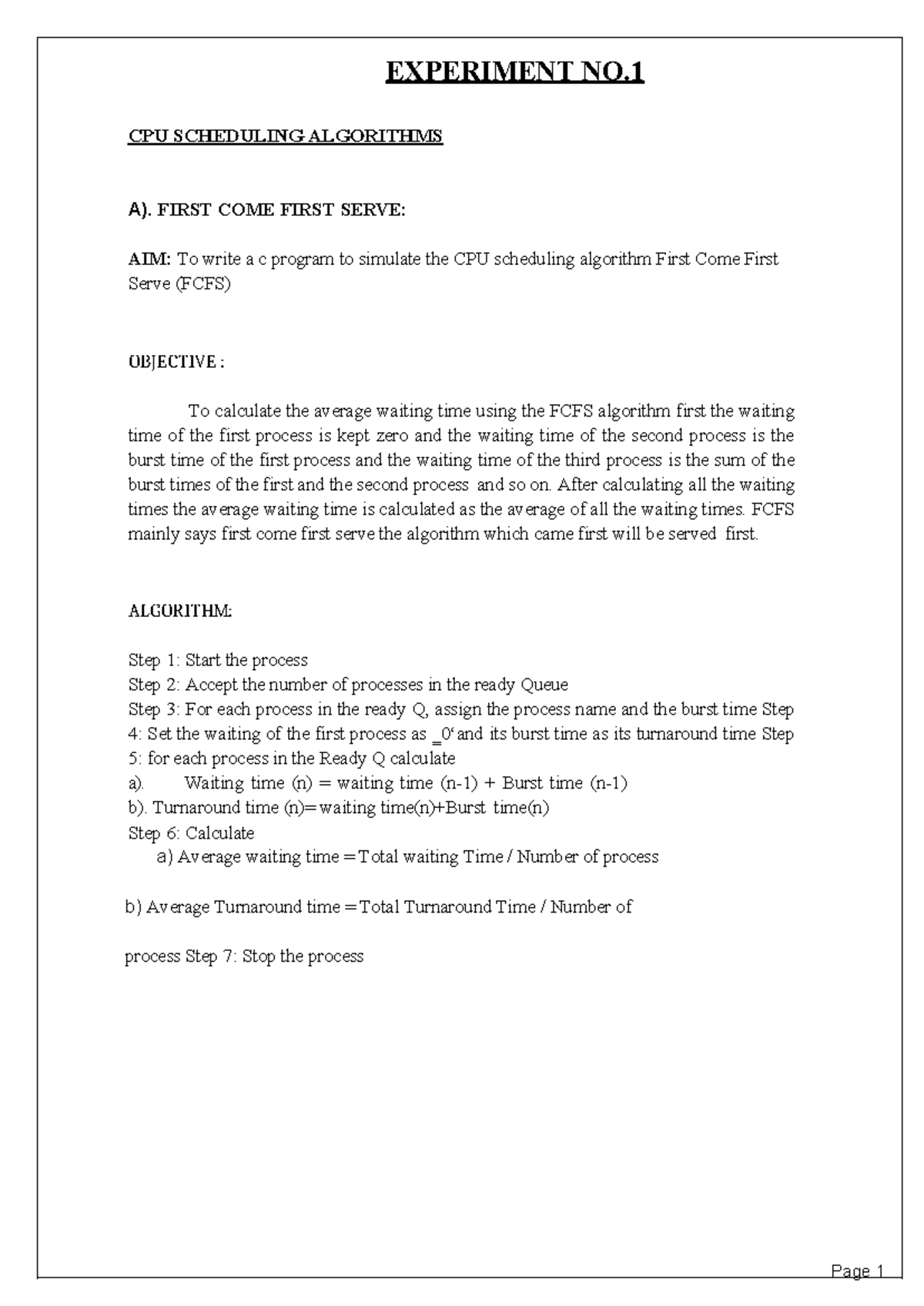 OS Experiment 1 - CPU Scheduling Algorithms: FCFS, SJF, RR, Priority - Studocu
